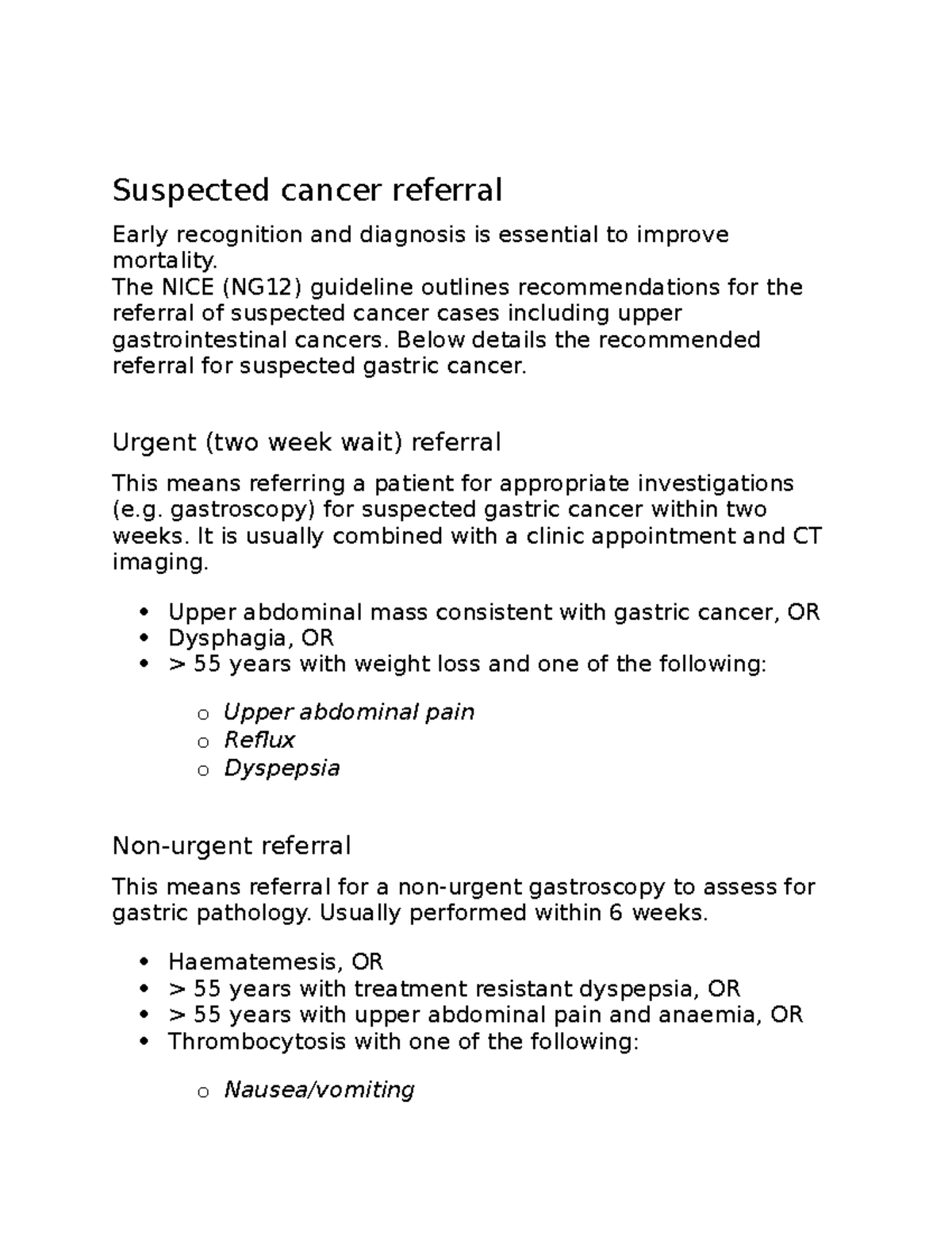 Suspected gastric cancer referral - Suspected cancer referral Early ...