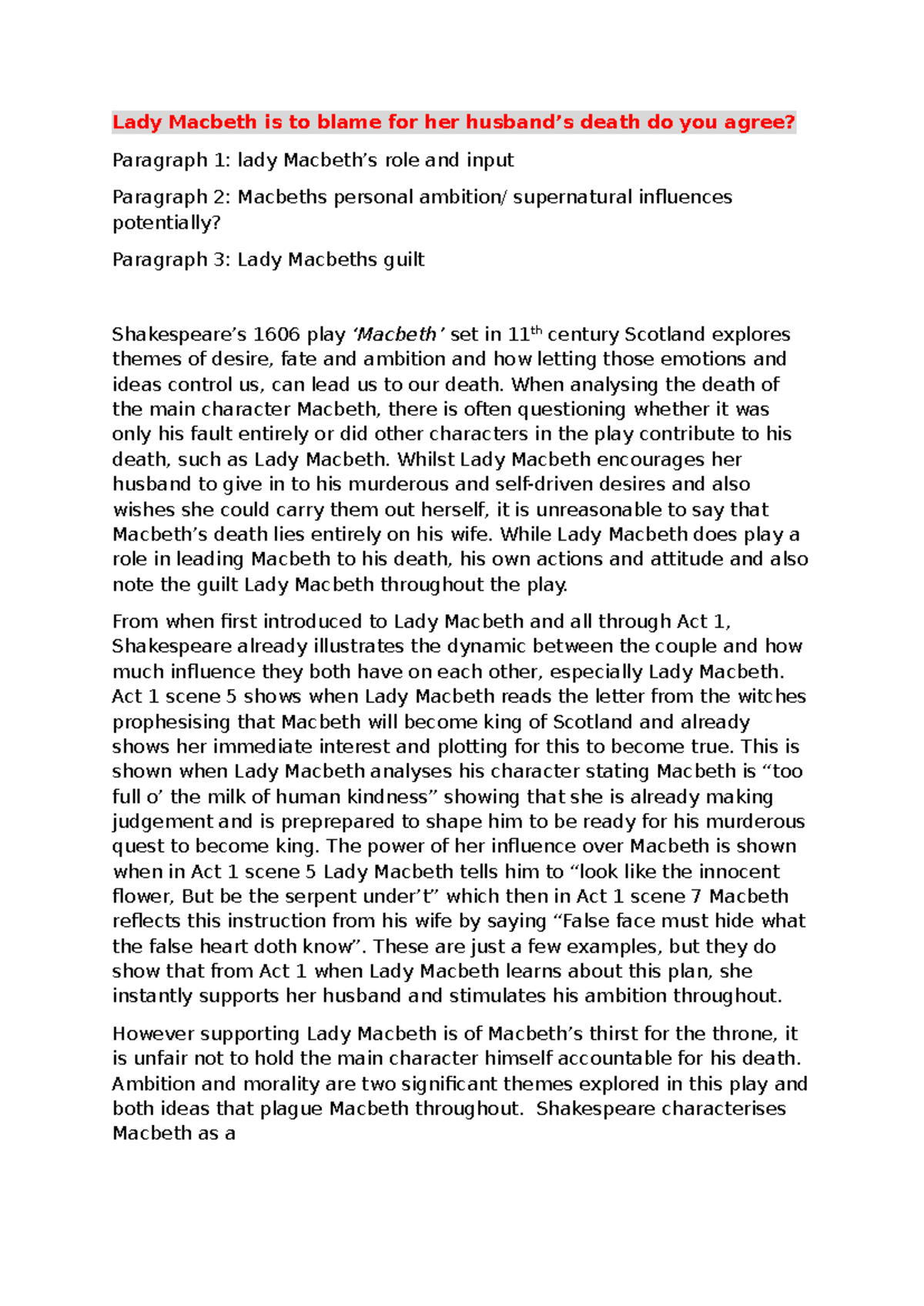Lady Macbeth practice essay - Lady Macbeth is to blame for her husband ...