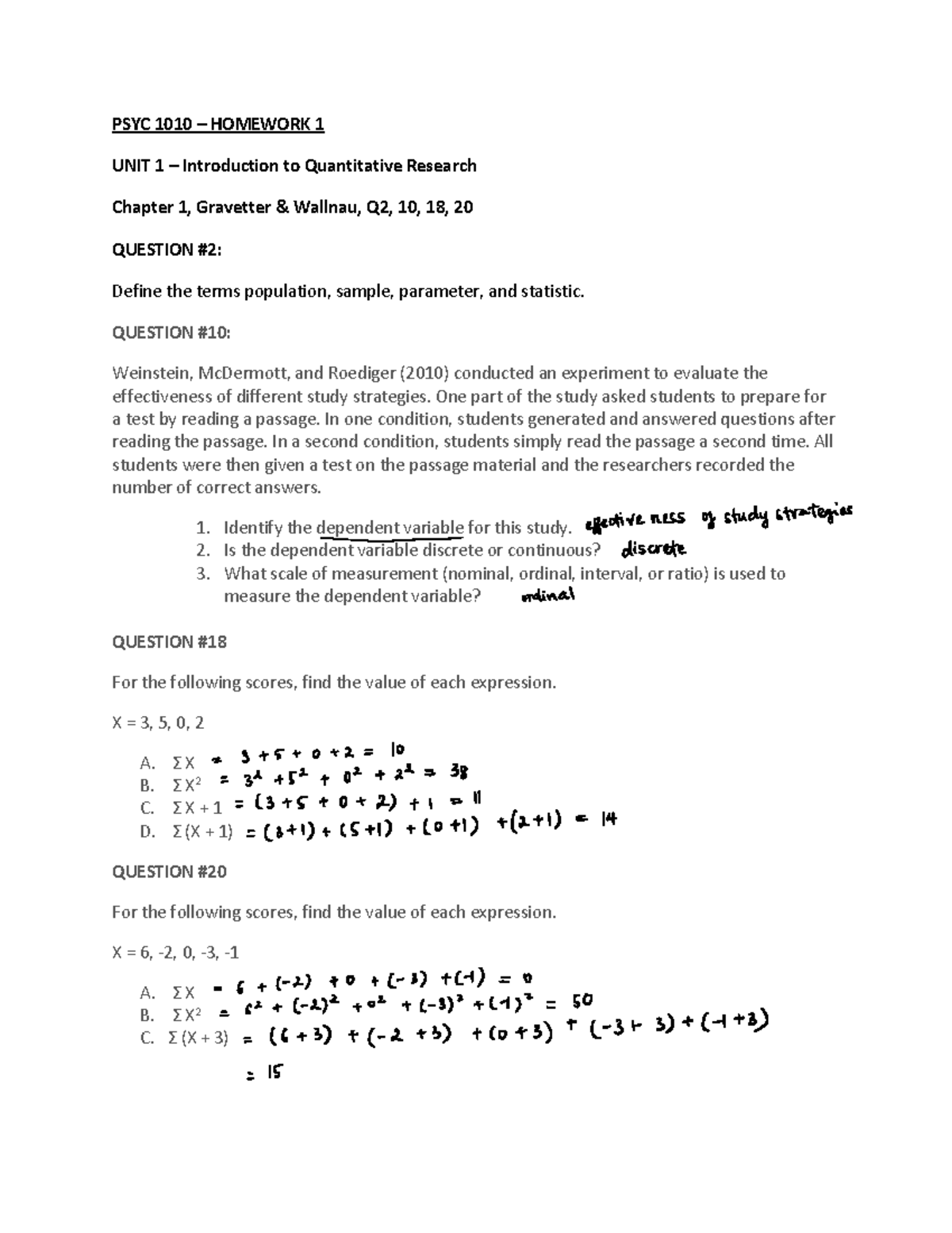 PSYC 1010 - Homework 1 - PSYC 1010 – HOMEWORK 1 UNIT 1 – Introduction to Quantitative Research ...