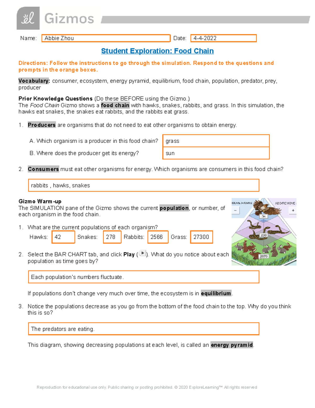 Food Chain SE (GIZMO) BIOLOGY 1/2 - Name: Abbie Zhou Date: 4-4- Student ...