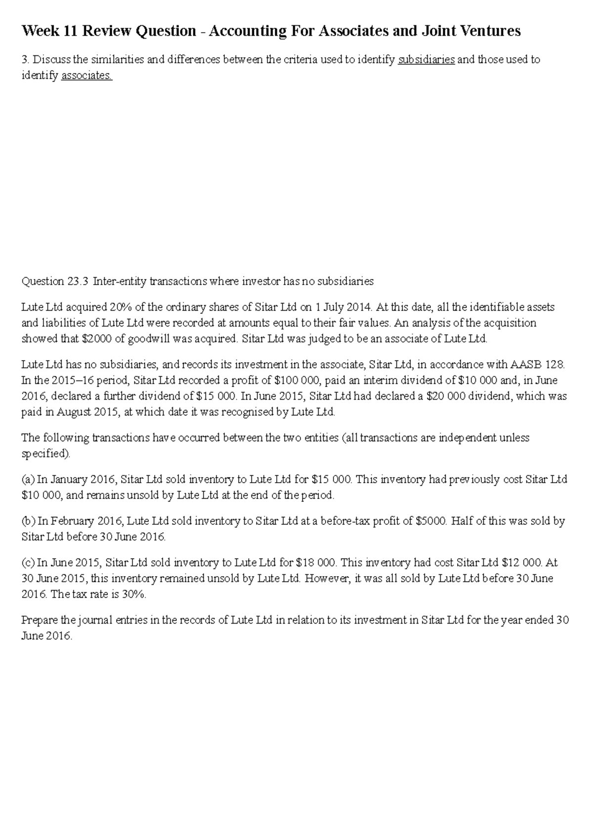 Week 11 - tutorial question - Week 11 Review Question Accounting For ...