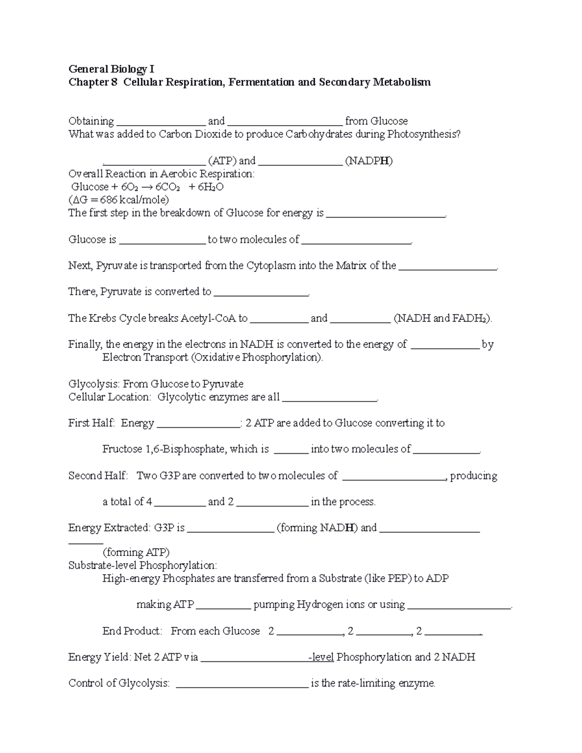 Chapter 8 Notes - Fill in the Blanks - General Biology I Chapter 8 ...