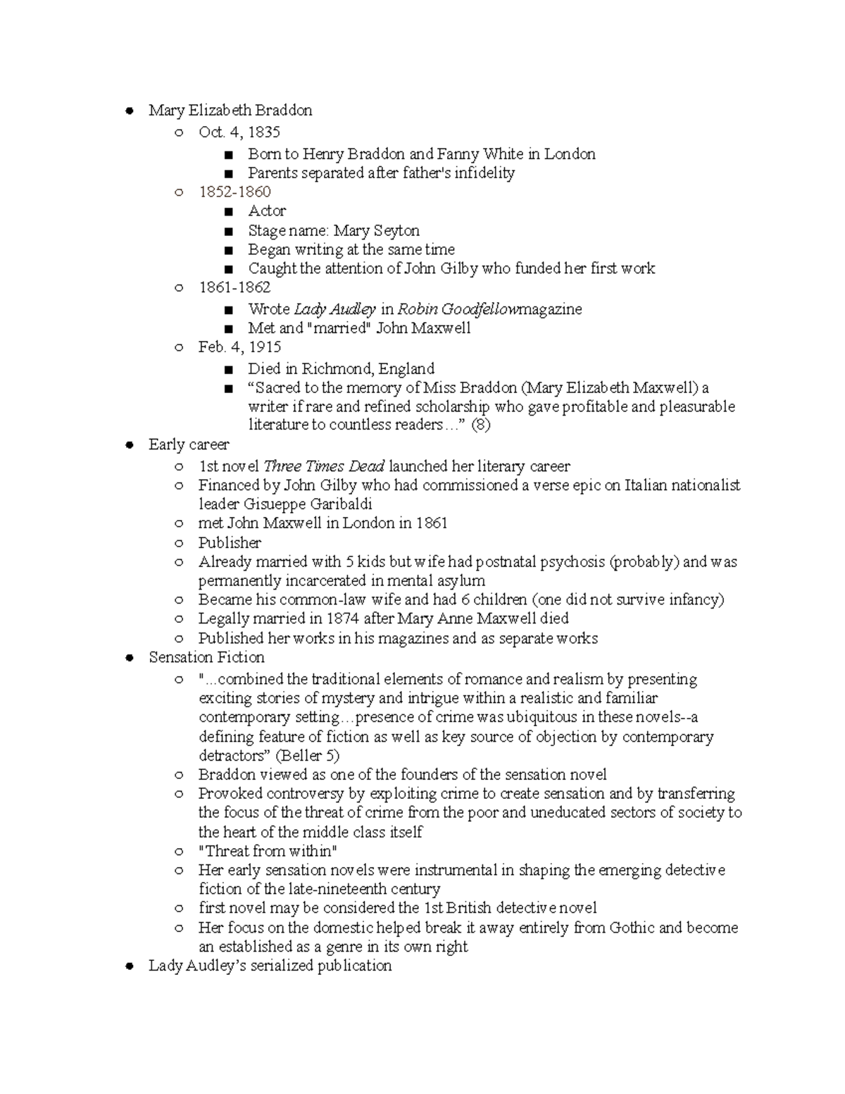 Lady Audley Notes Nineteenth century novel - Mary Elizabeth Braddon Oct ...