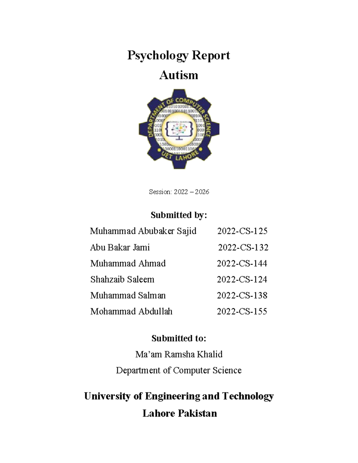Autism Report (Psychology) - Autism Session: 2022 – 2026 Submitted by ...