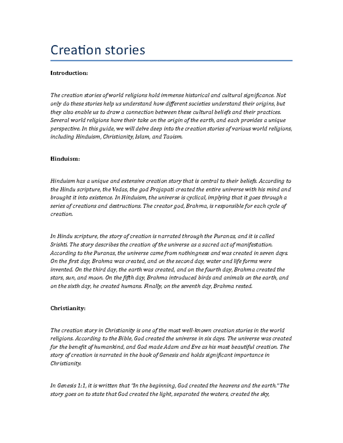 Creation stories - World Religions (REL 102) Lecture notes - Creation ...