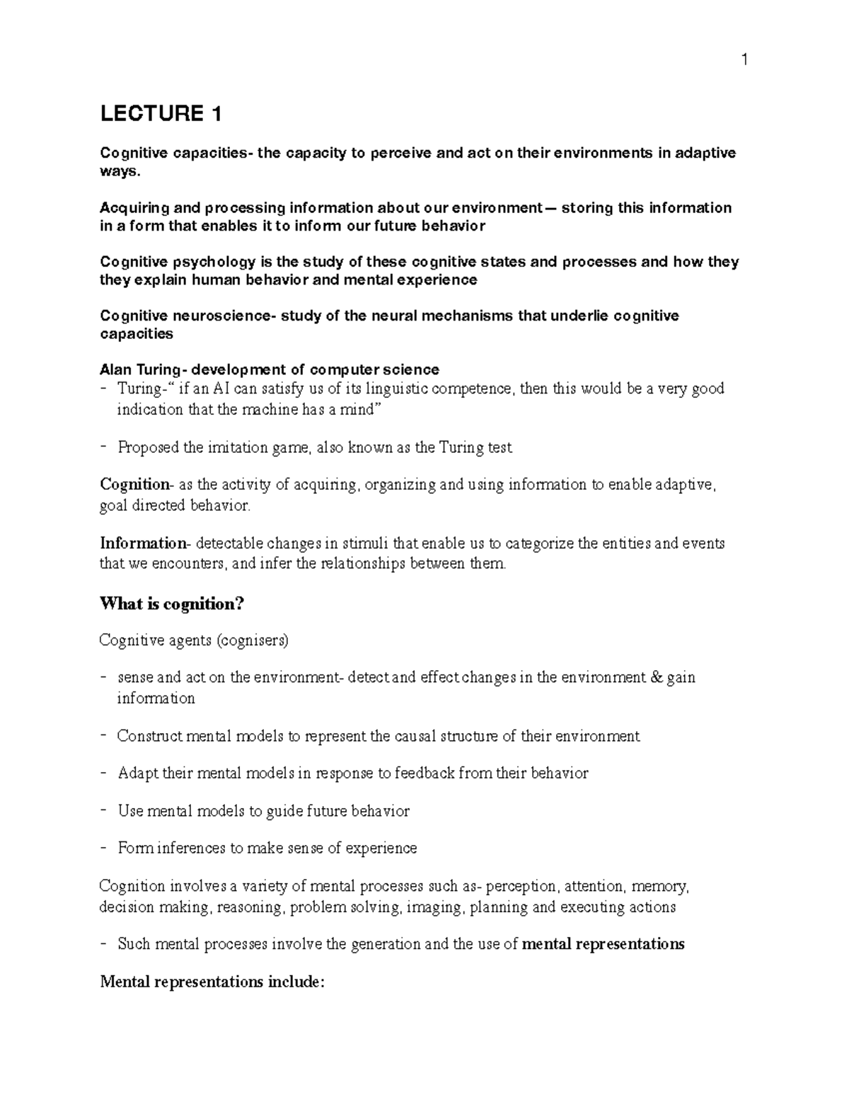Cog-lecture-notes 1-12 copy - LECTURE 1 Cognitive capacities- the ...