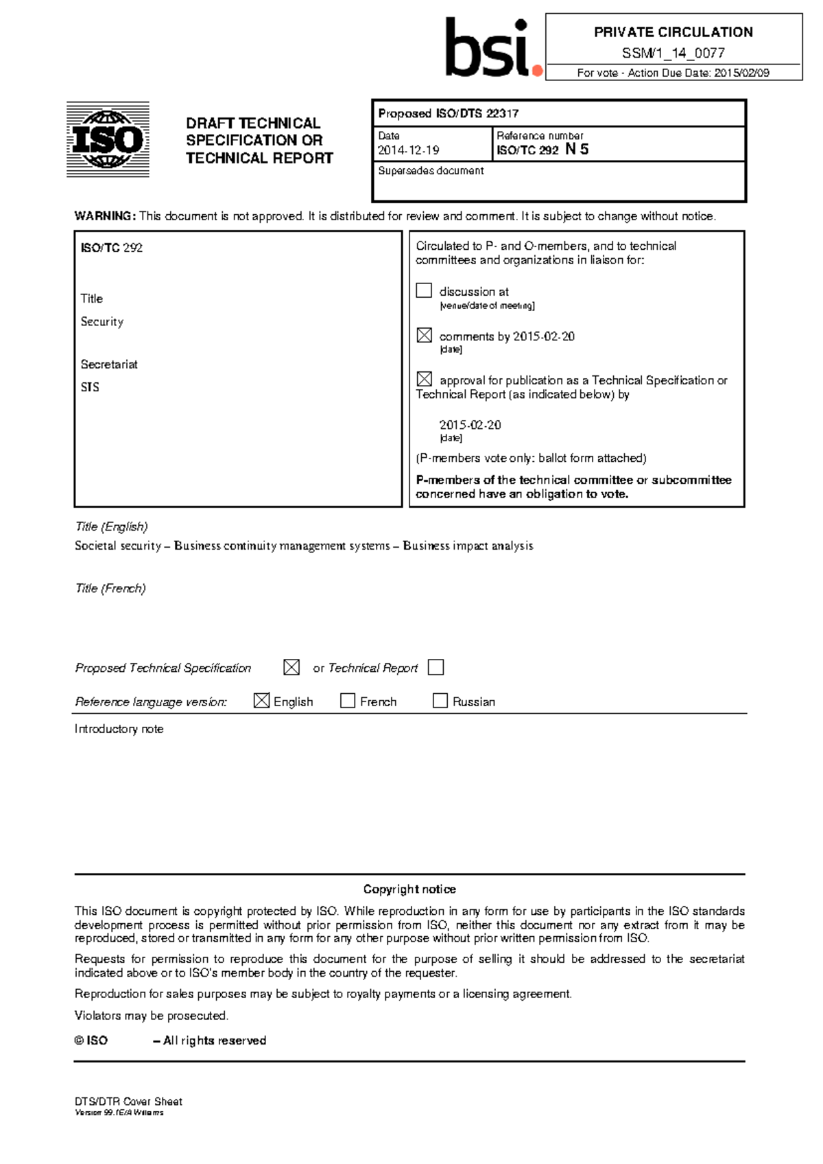 ISO 22317 - BIA (draft) - DTS/DTR Cover Sheet Version 99/A Williams ...