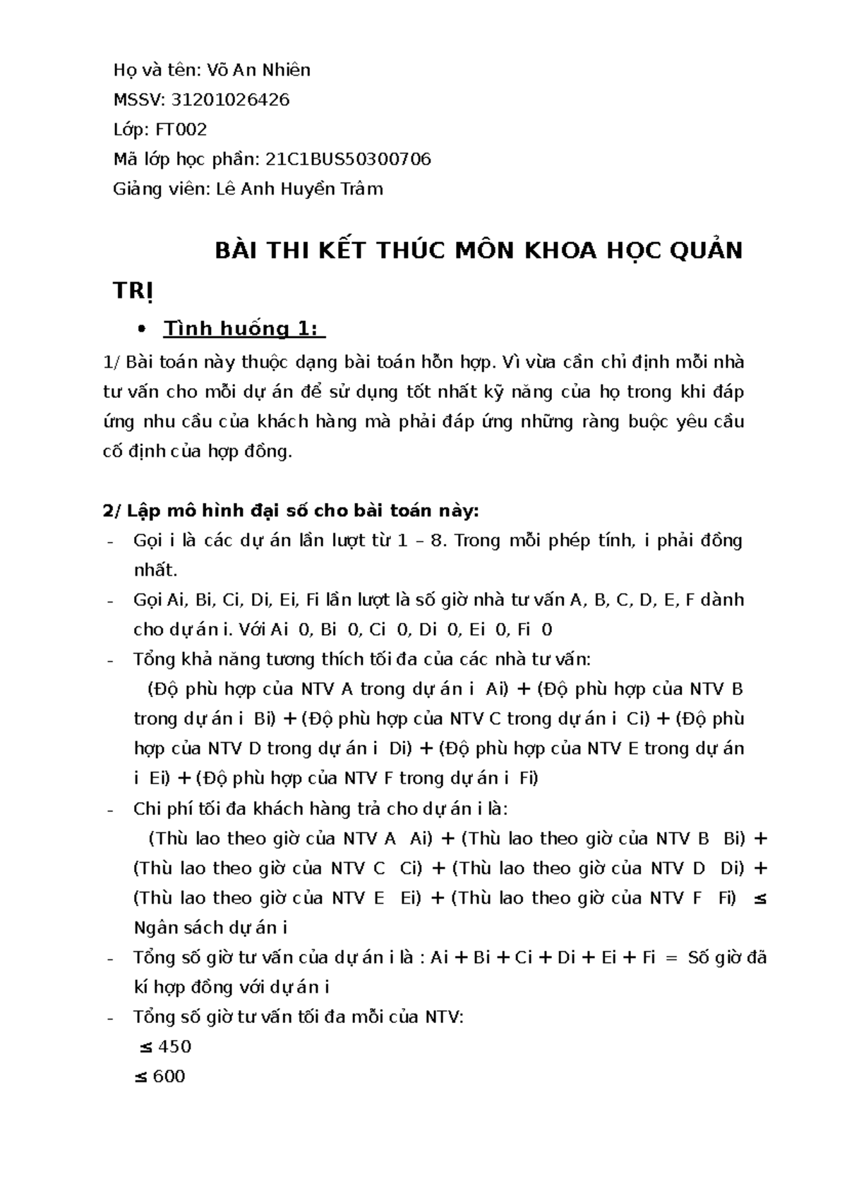 [TL0TT KHQT FT002] Võ An Nhiên 312010 26426 - Họ và tên: Võ An Nhiên ...