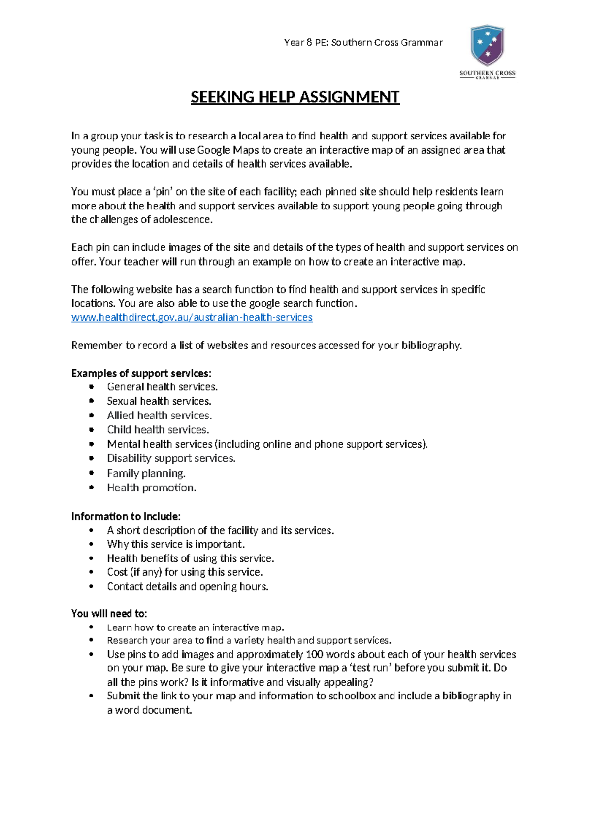 Seeking health assignment - Year 8 PE: Southern Cross Grammar SEEKING ...