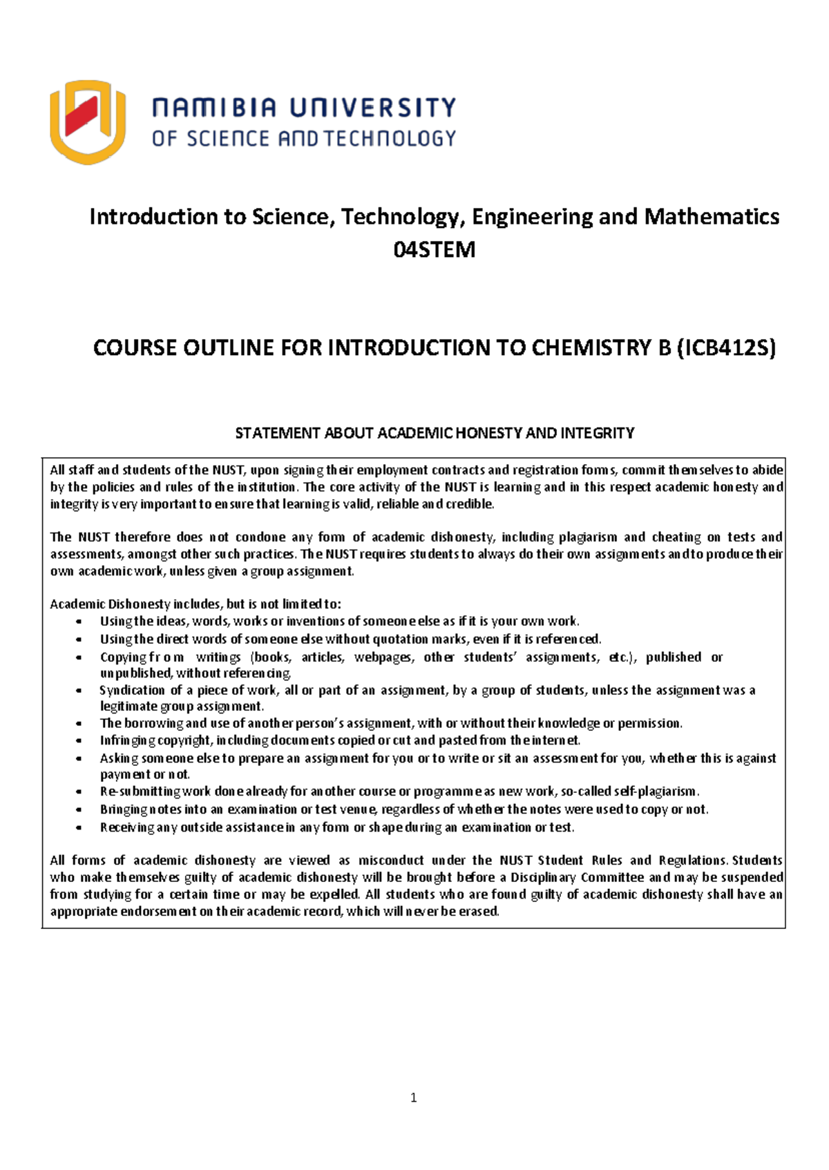 Course Outline semester 2 2024 - Introduction to Science, Technology, Engineering and ...