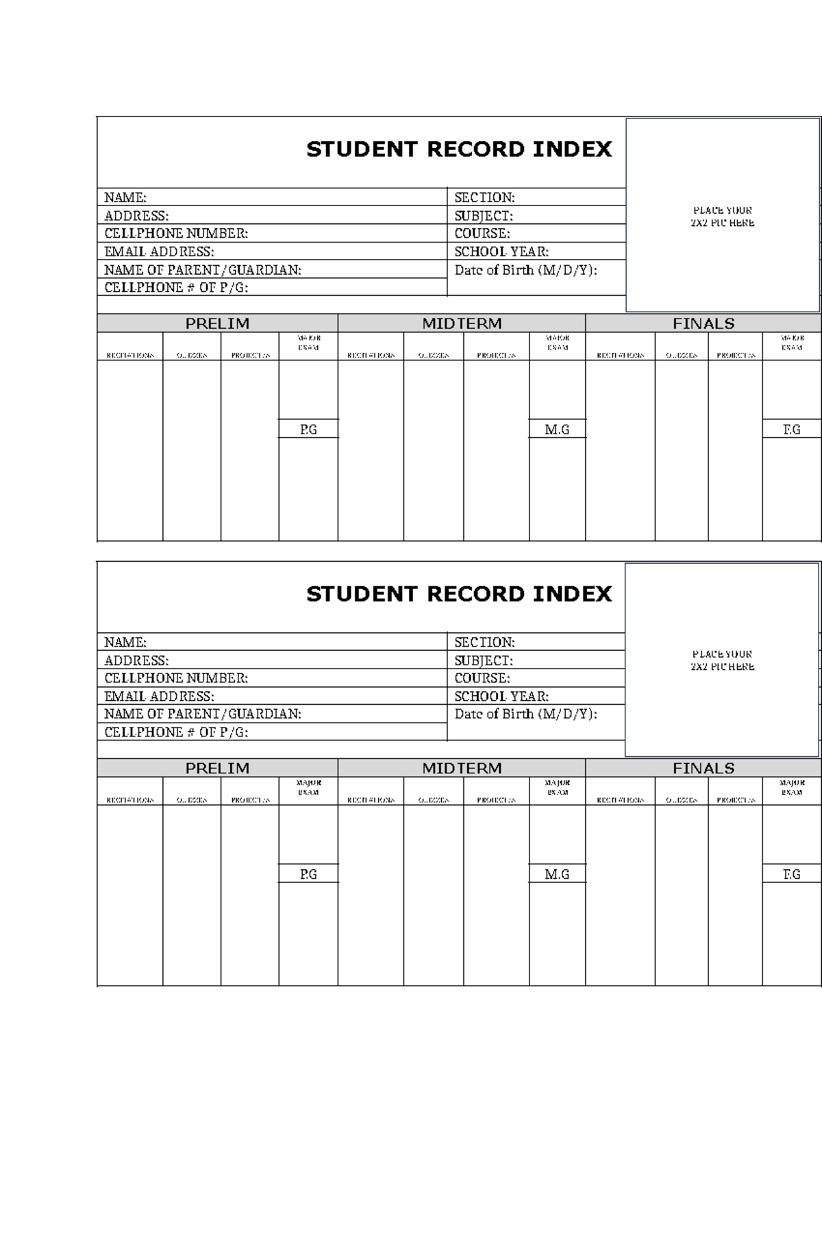 Student Record Index - STUDENT RECORD INDEX NAME: SECTION: ADDRESS ...