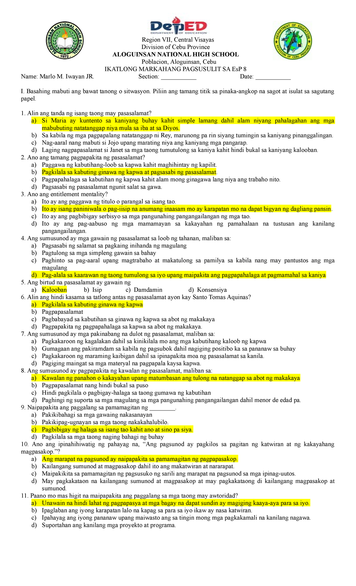 3rd Es P - values Education - Region VII, Central Visayas Division of ...