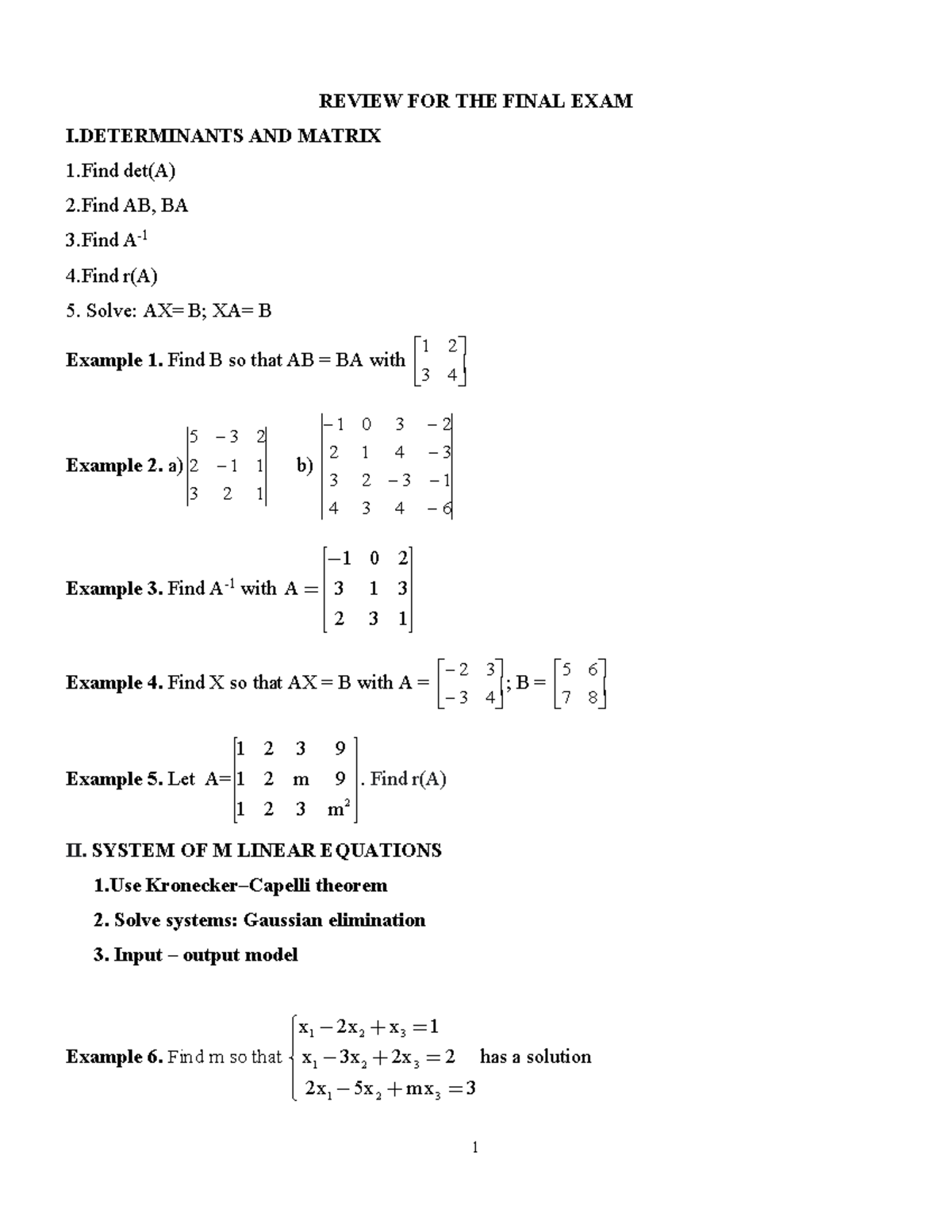 Review FOR THE Final EXAM - REVIEW FOR THE FINAL EXAM I AND MATRIX 1 ...