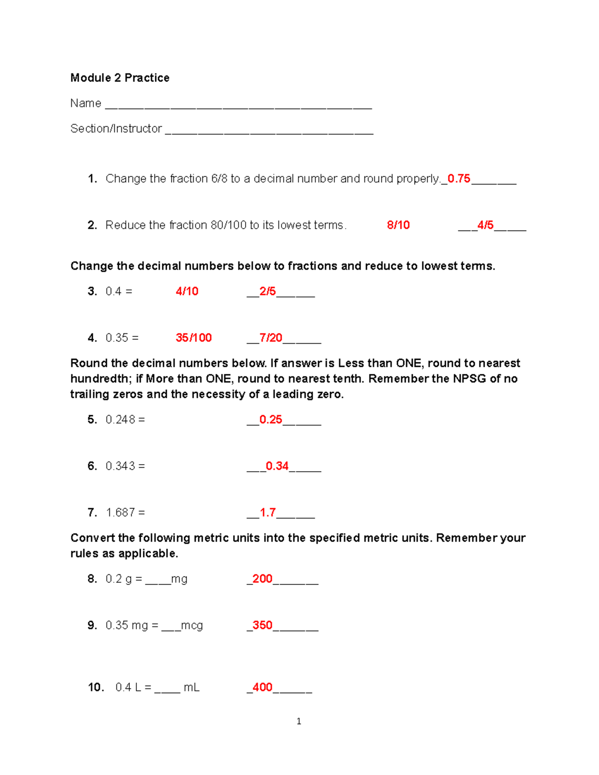 Module 2 dosage Calc Practice Answers - Module 2 Practice Name - Studocu