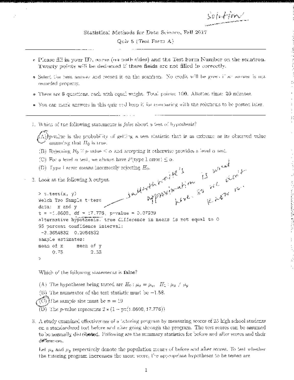 Quiz 5 solution - material - Solution Statistical Methods for Data Science, Fall 2017 Quiz 5 ...