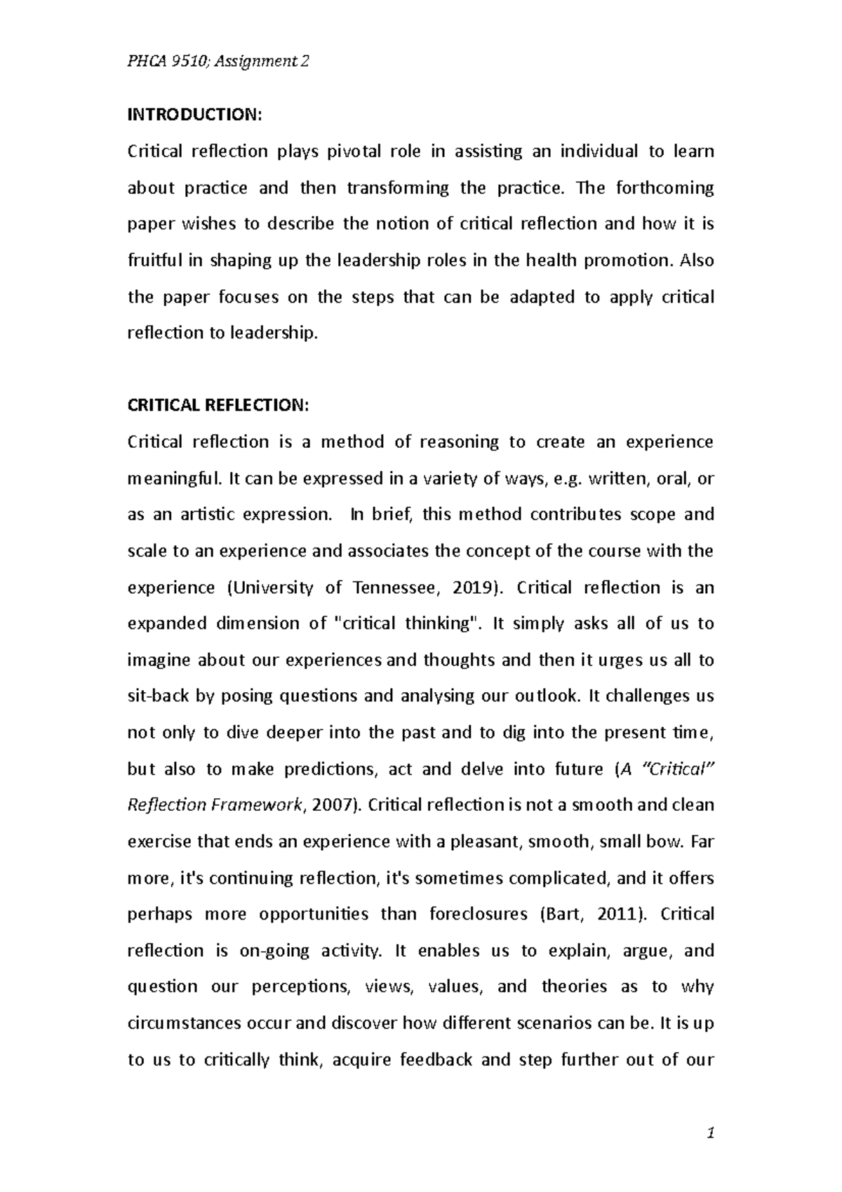 Introduction 2 - understanding and application of critical reflection ...