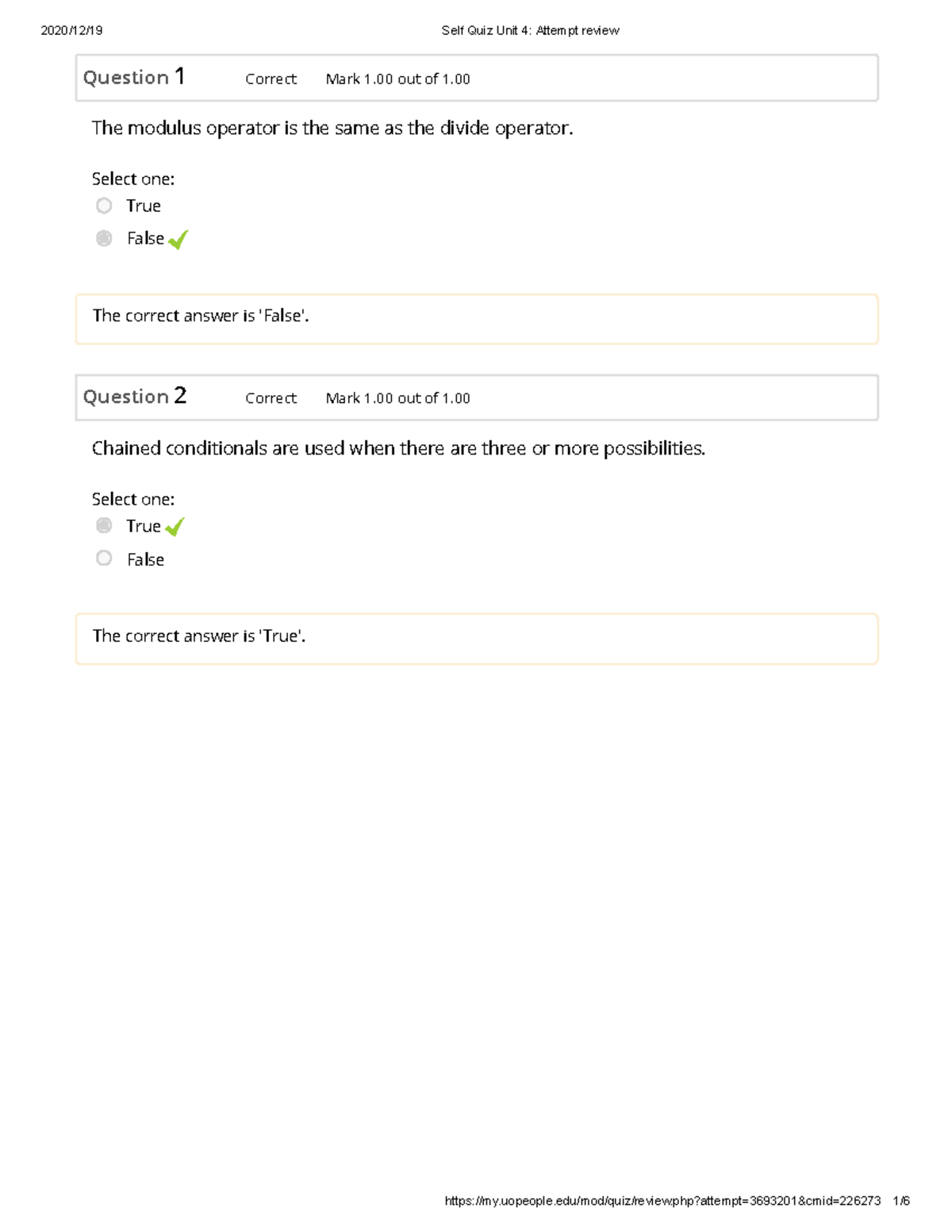 Self Quiz Unit 4 Attempt review - Question 1 Correct Mark 1 out of 1 ...