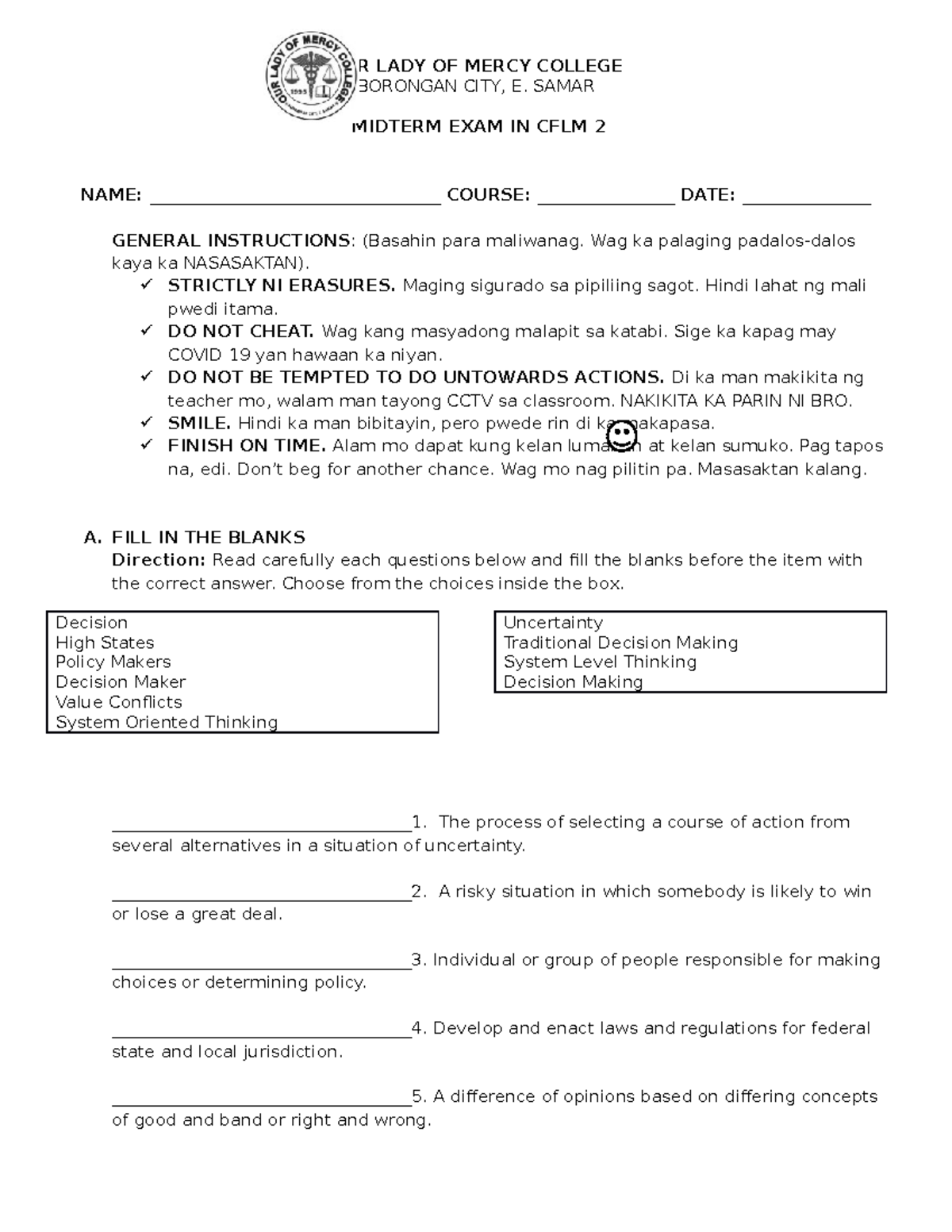 Midterm EXAM IN CFLM 2 - PRACTICE MATERIALS - OUR LADY OF MERCY COLLEGE BORONGAN CITY, E. SAMAR ...
