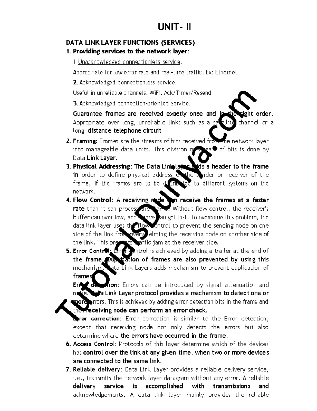 Computer Networks-UNIT-2 - UNIT- II DATA LINK LAYER FUNCTIONS (SERVICES) Providing services to ...