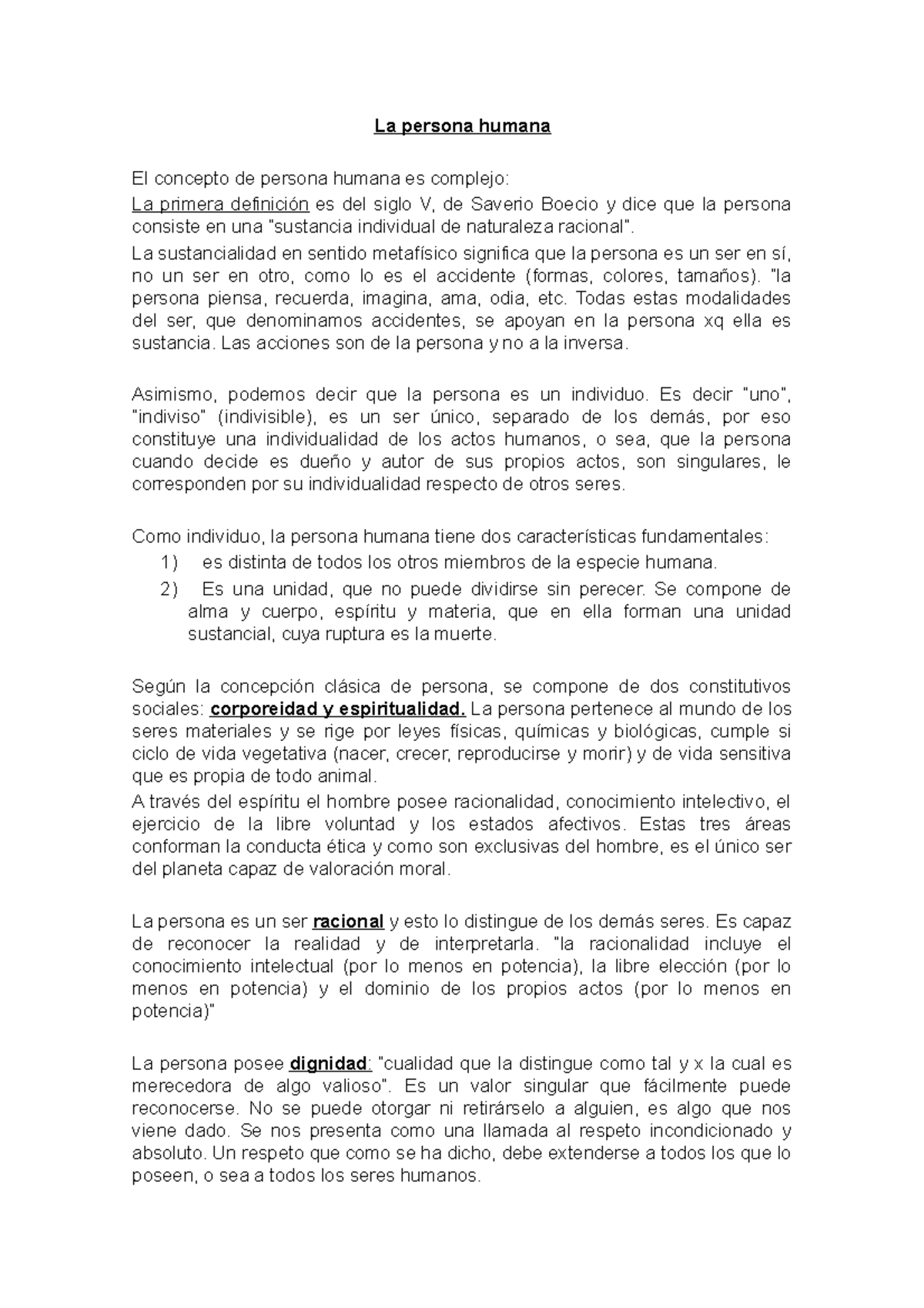 Etica - Unidad 1 - La persona humana El concepto de persona humana es ...