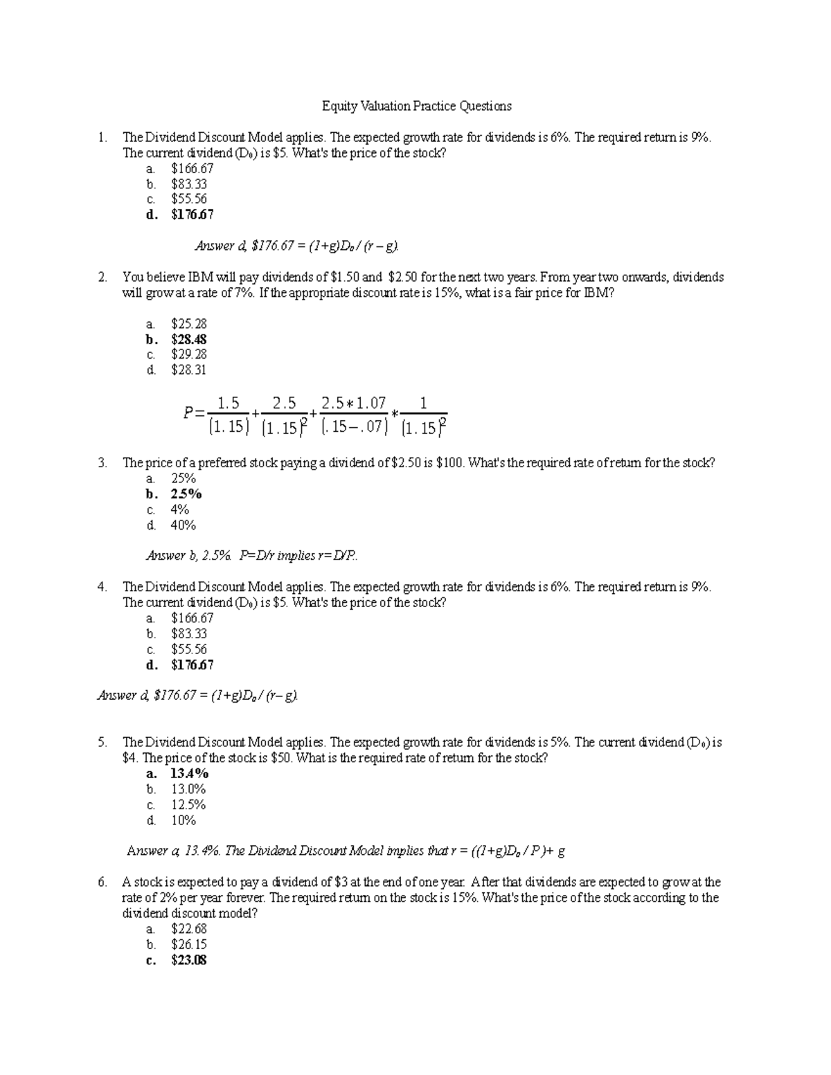 Practice Questions For Equity Valuation Solution Equity Valuation practice-questions-for-equity-valuation-solution-equity-valuation