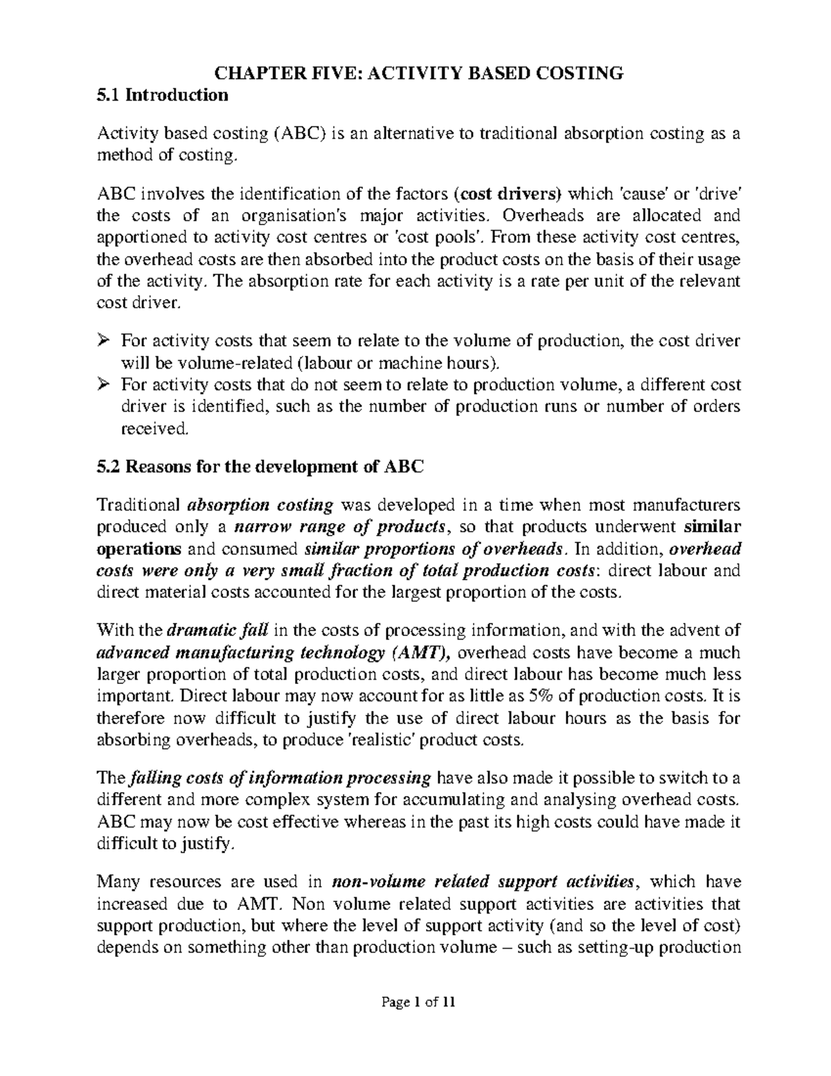 Activity Based Costing Notes BY KUM Boris - CHAPTER FIVE: ACTIVITY ...