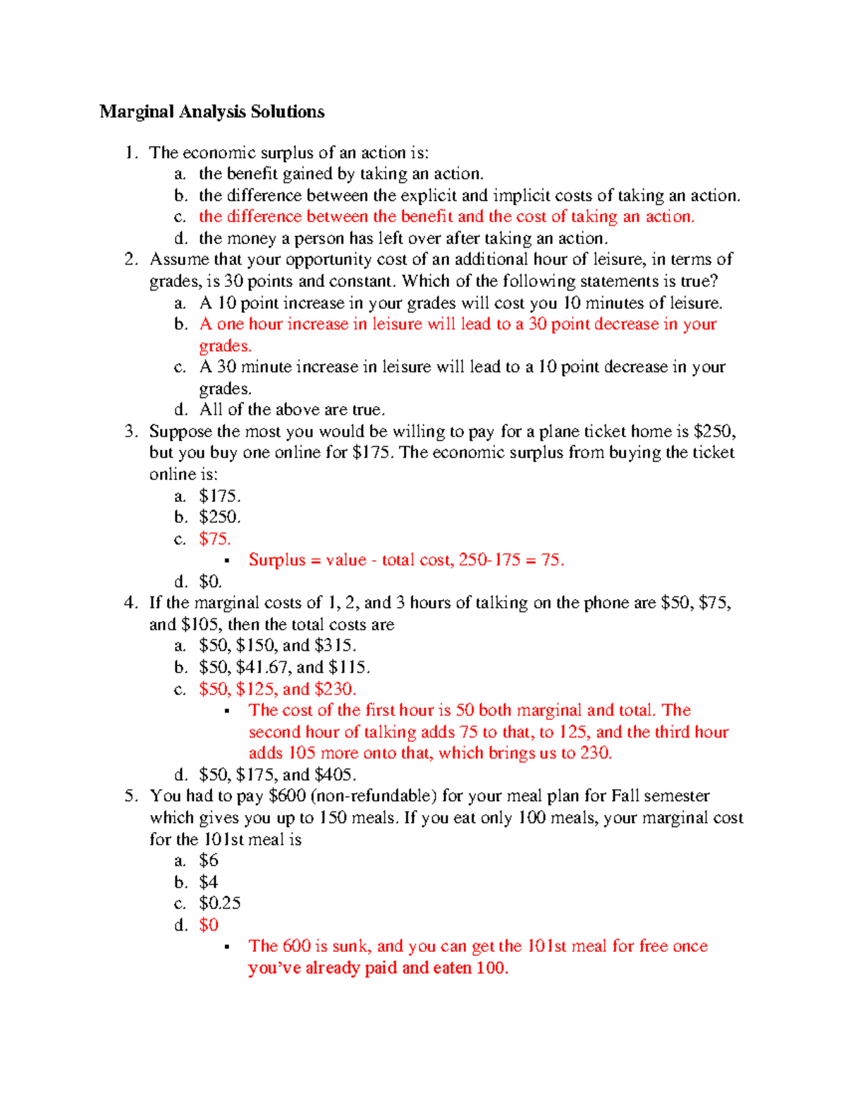 M2 marginal analysis solutions - Marginal Analysis Solutions The ...