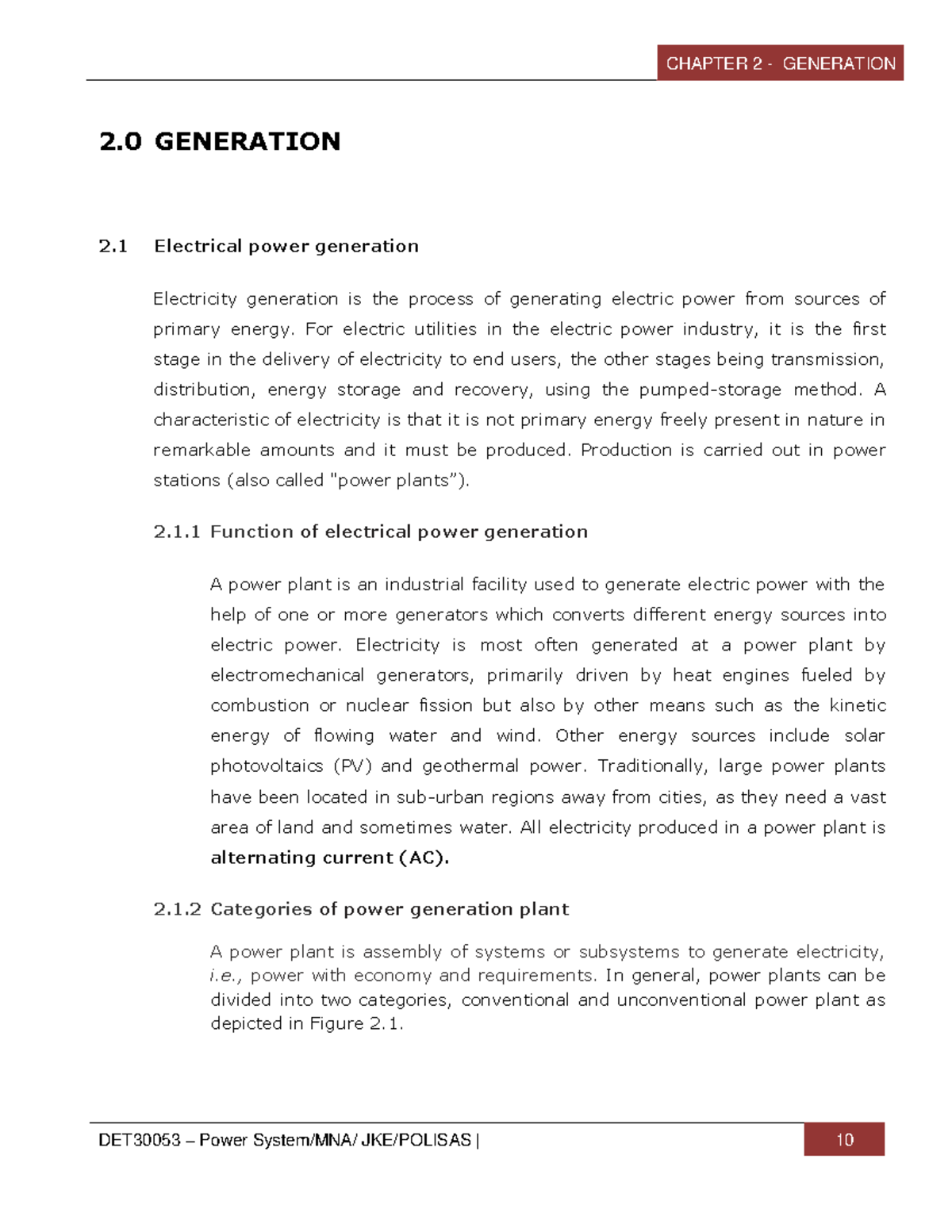 Chapter 2 Generation - NOTES - 2 GENERATION 2 Electrical power ...