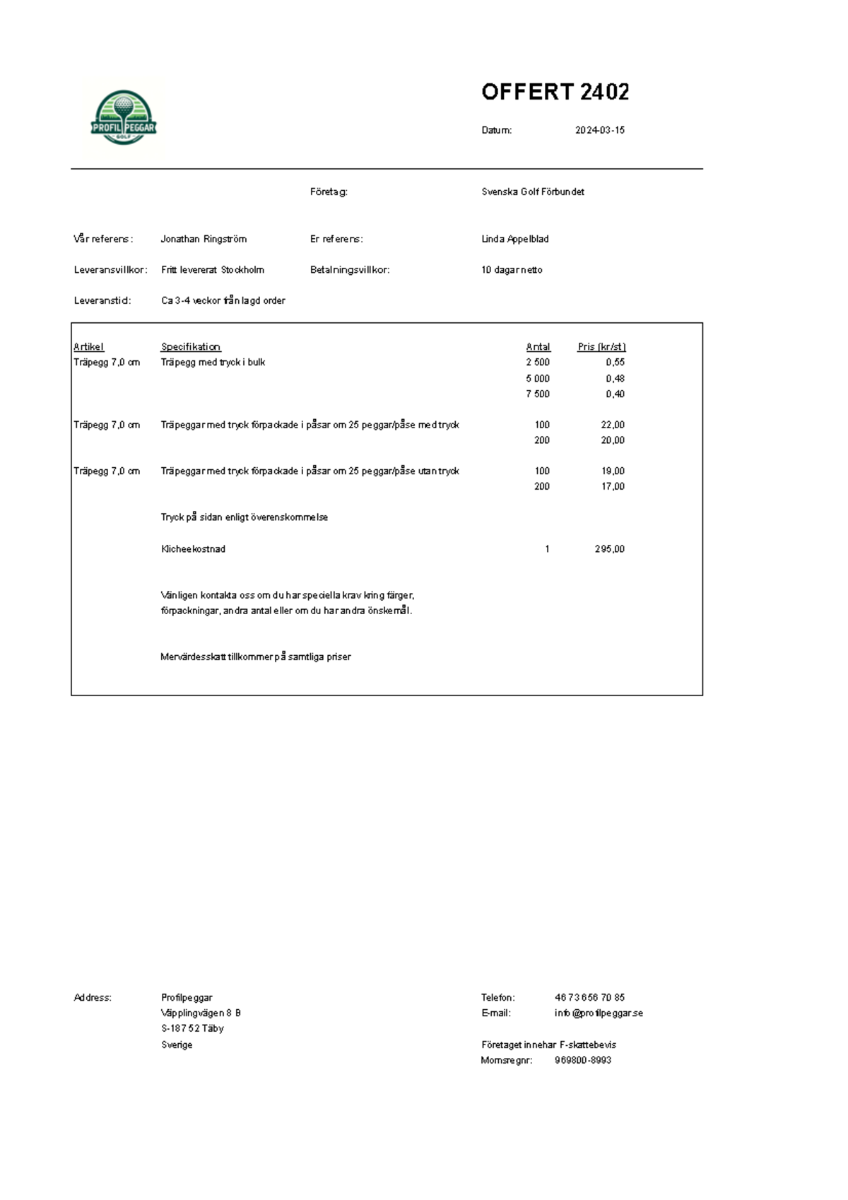 Offert 2402 - Blad1 - OFFERT 2402 Datum: 2024-03- Företag: Svenska Golf ...