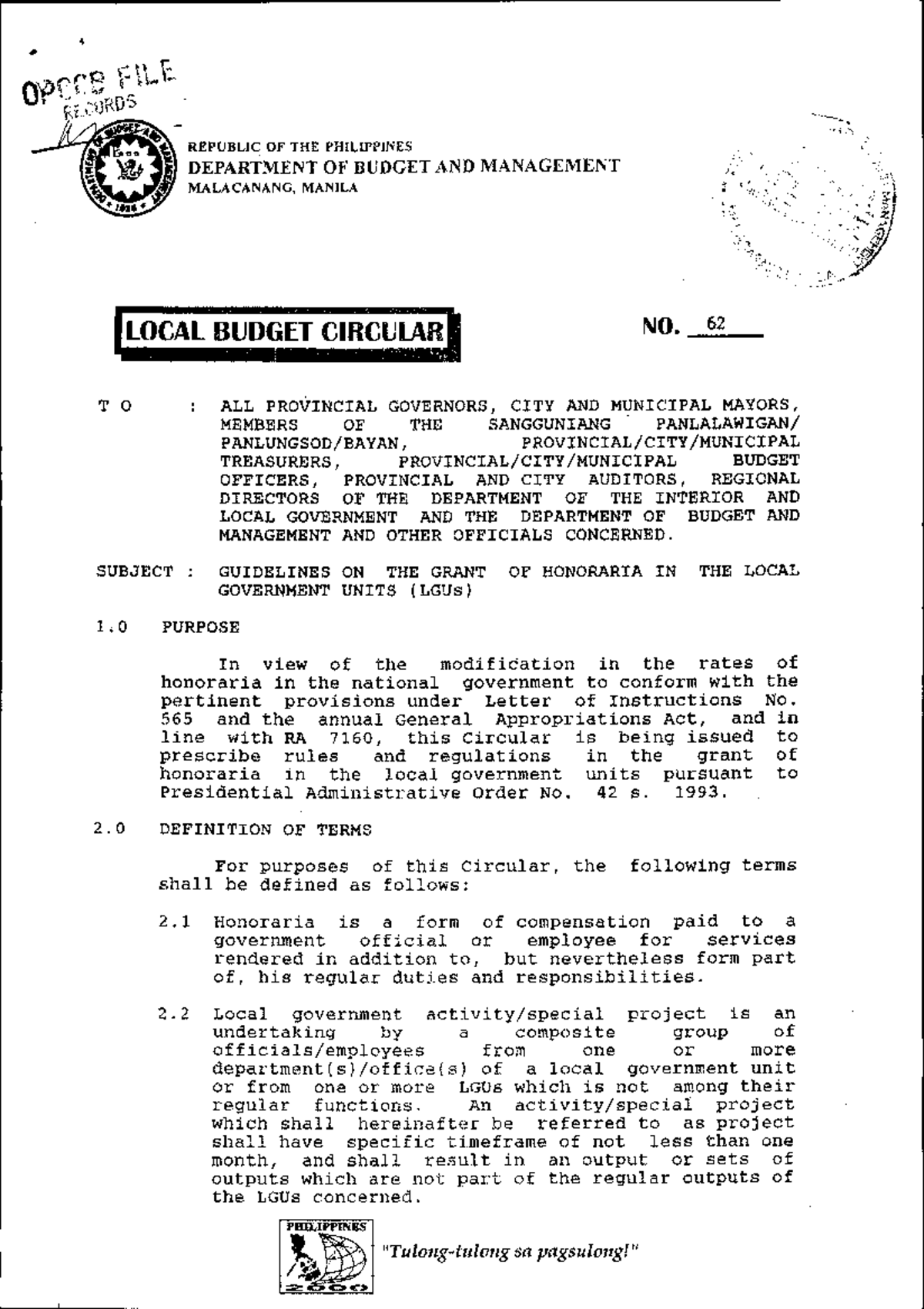 Local Budget Circular No 62 - OPCCS FILE RECORDS MIDGED REPUBLIC OF THE ...