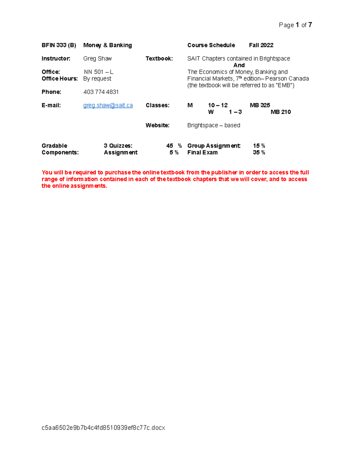 BFIN 333 B Class Schedule Fall 2022 - BFIN 333 (B) Money & Banking ...