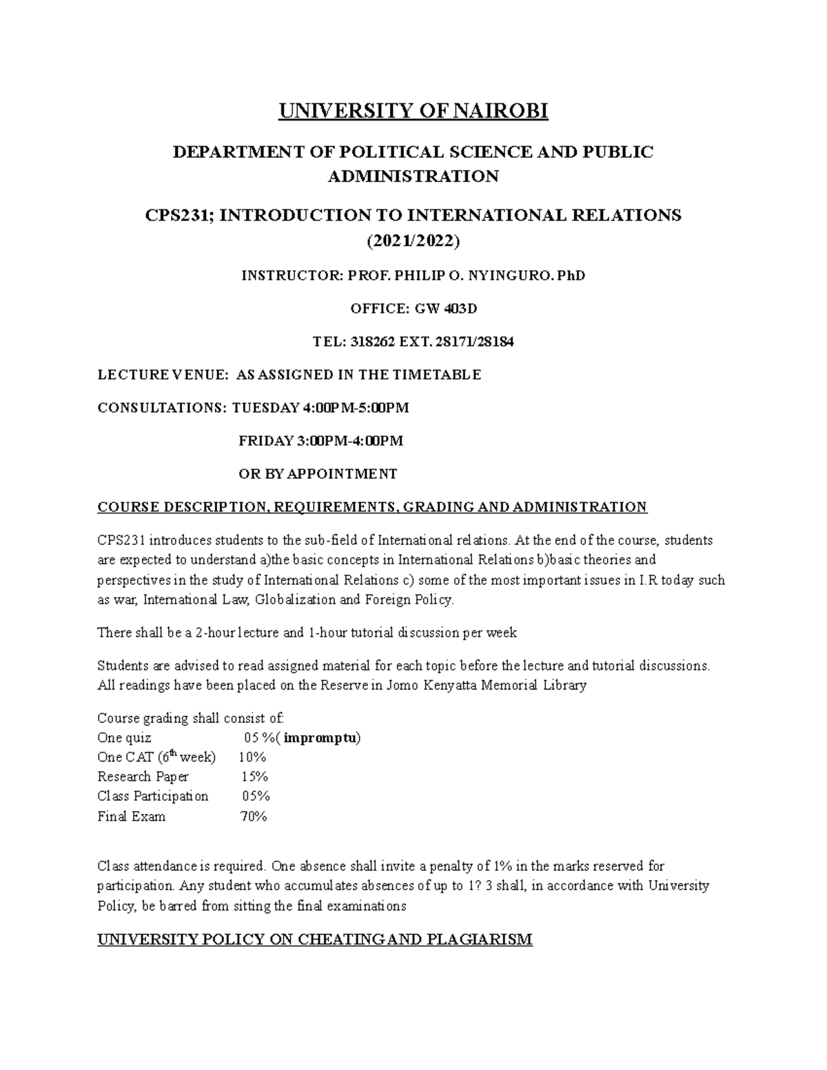 Course Outline CPS231( Introduction TO International Relations ...