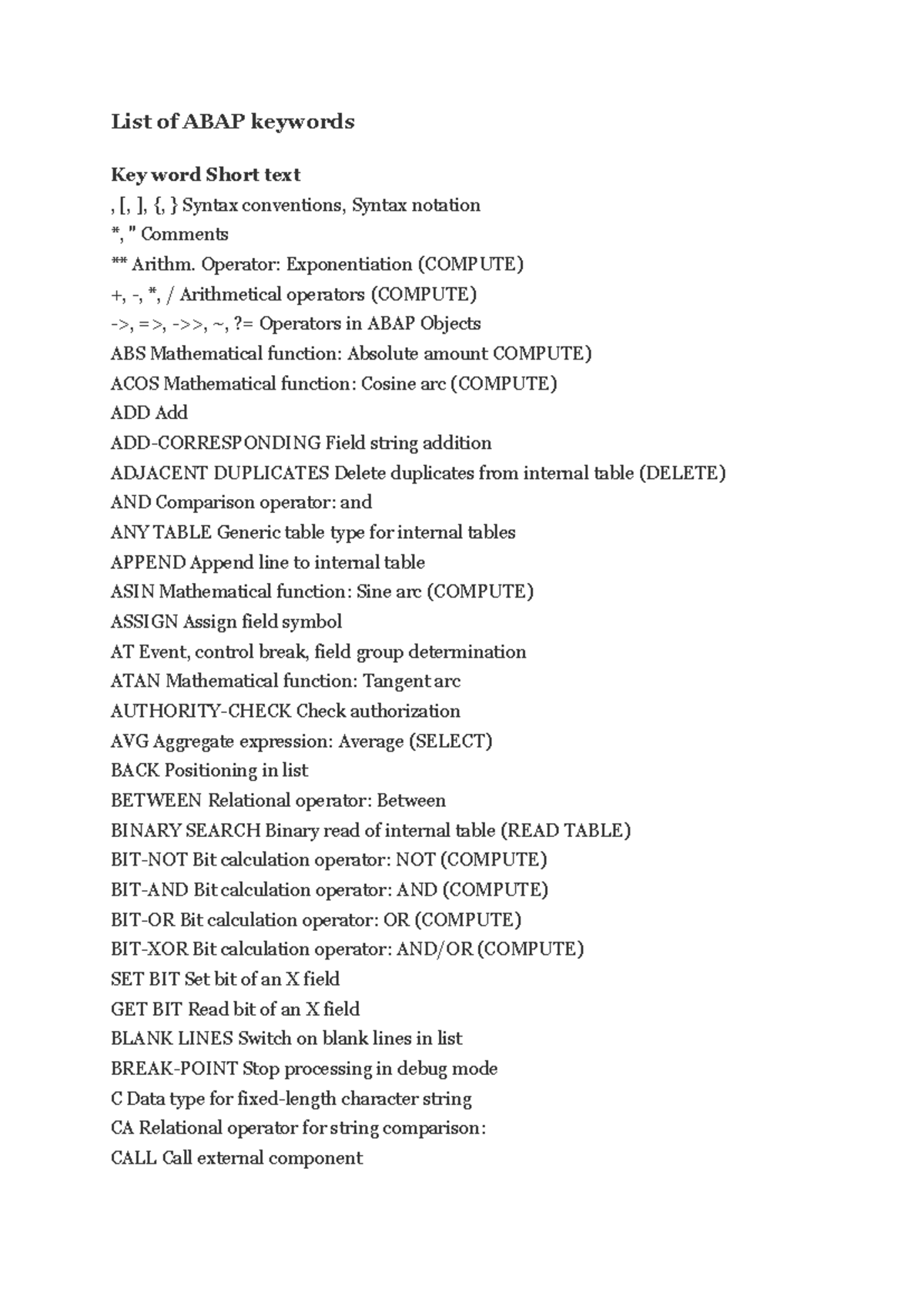 List of ABAP keywords - Operator: Exponentiation (COMPUTE) +, -, *, / Arithmetical operators ...