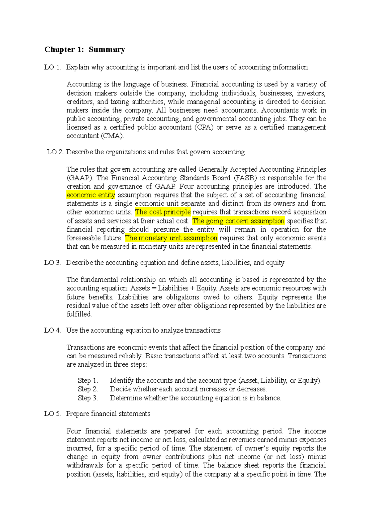 Chapter 1 Summary - Chapter 1: Summary LO 1. Explain why accounting is ...