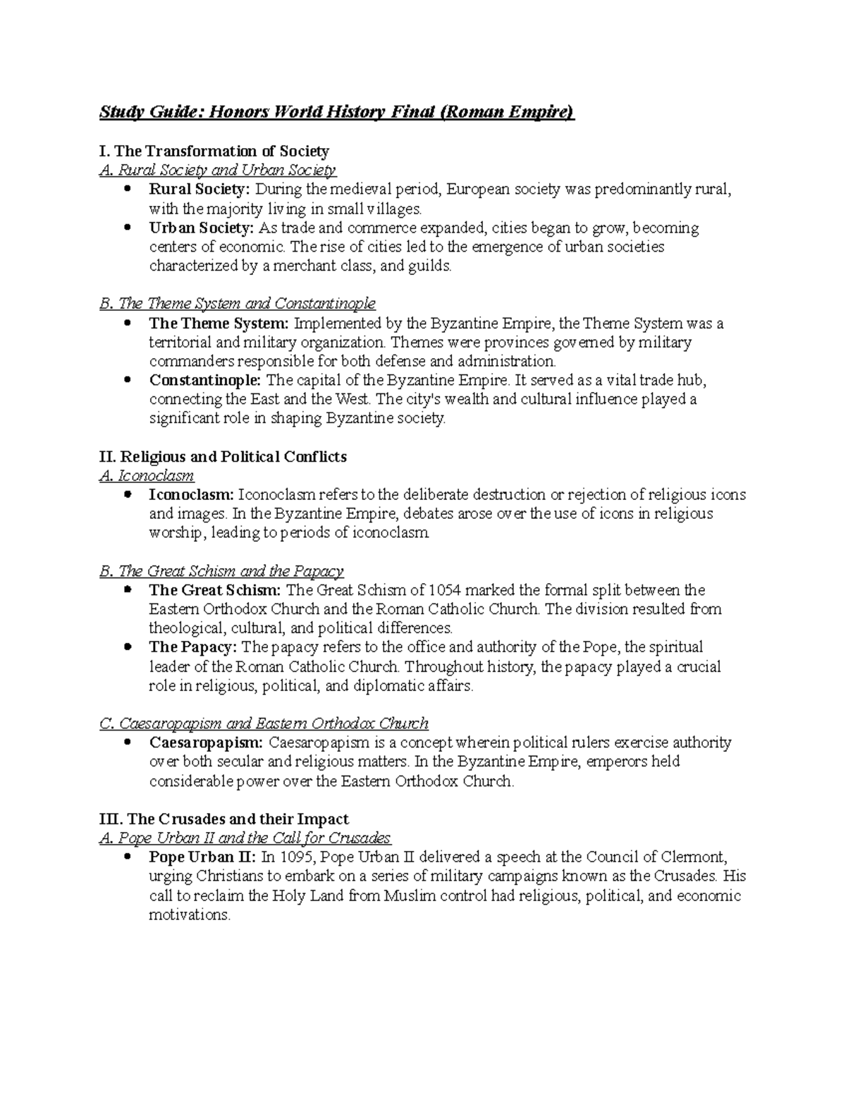 History Final Review - Study Guide: Honors World History Final (Roman ...