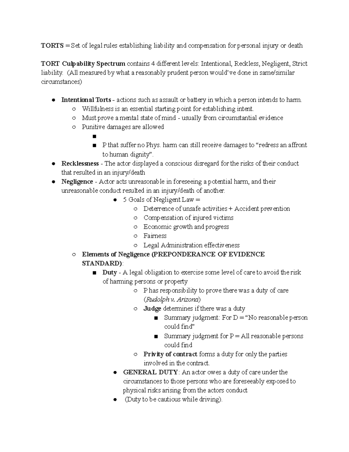 Torts Outline - Summary tort law - TORTS = Set of legal rules ...