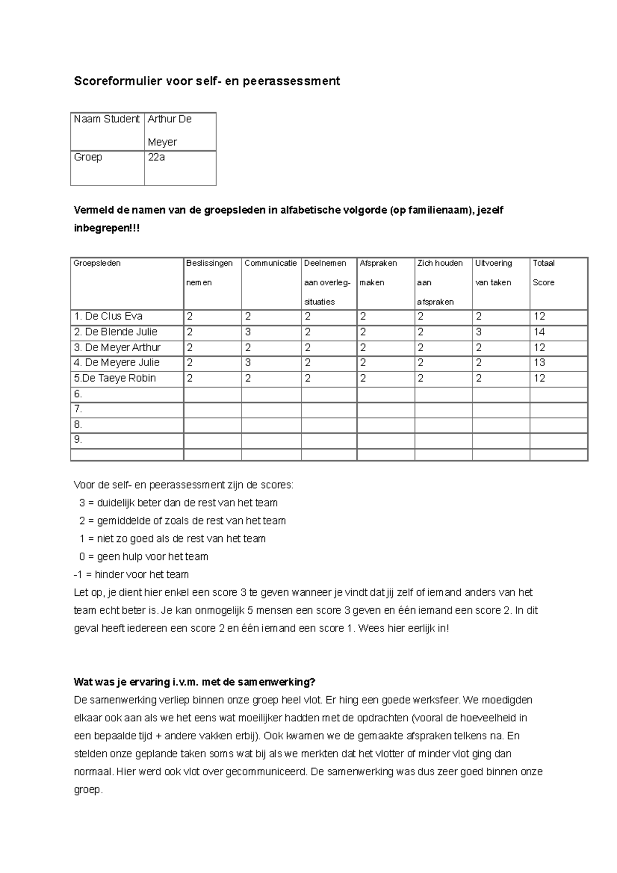 Scoreformulier voor self - Je kan onmogelijk 5 mensen een score 3 geven ...