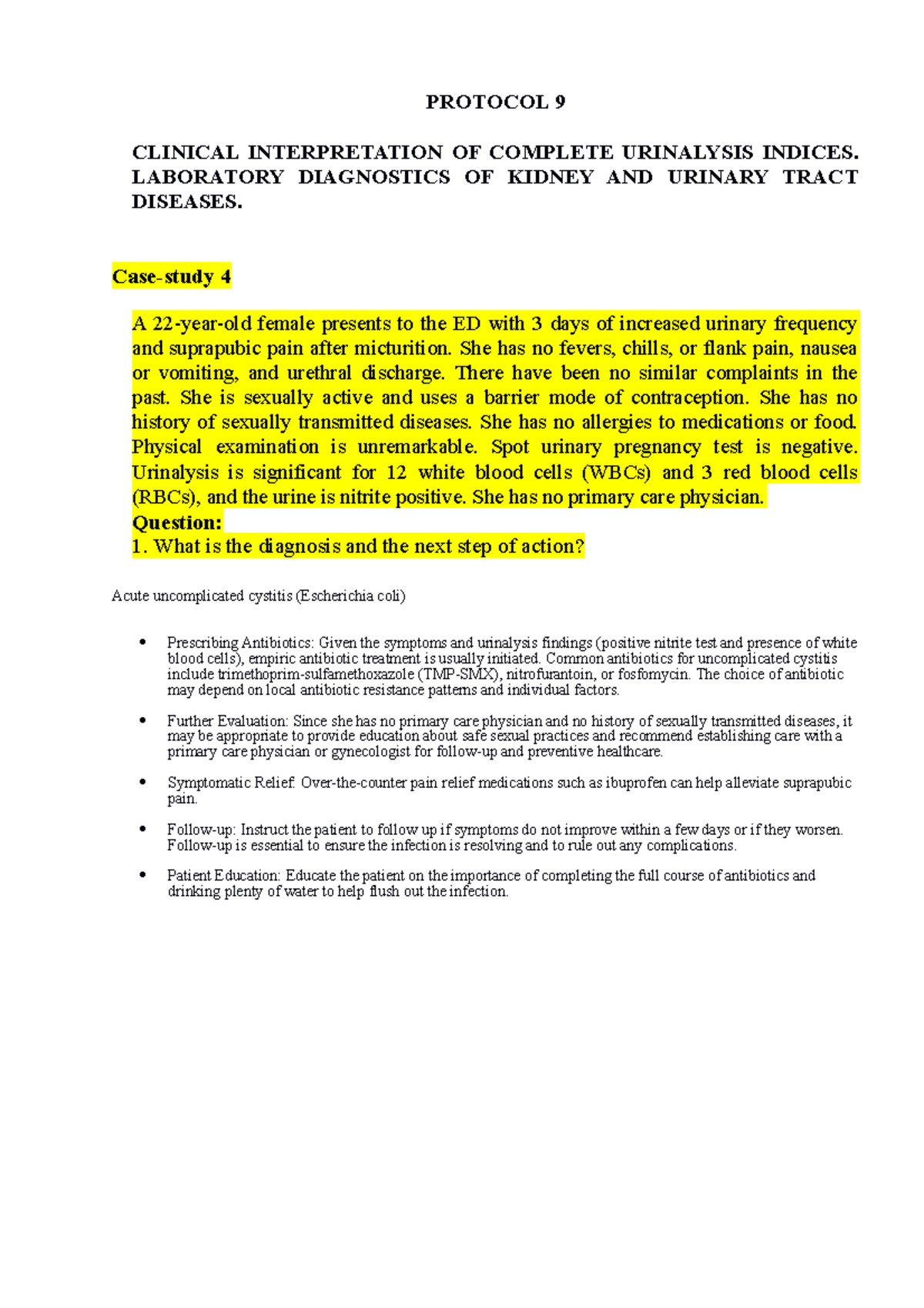Protocol 9.docx - PROTOCOL 9 CLINICAL INTERPRETATION OF COMPLETE URINALYSIS INDICES. LABORATORY ...