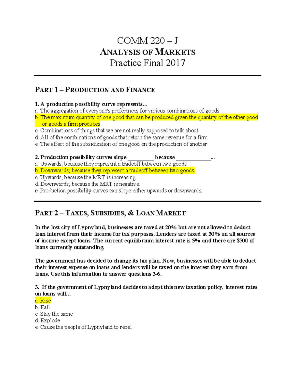 Final 12 August 2017, questions and answers - COMM 220 J ANALYSIS OF MARKETS Practice Final 2017 ...