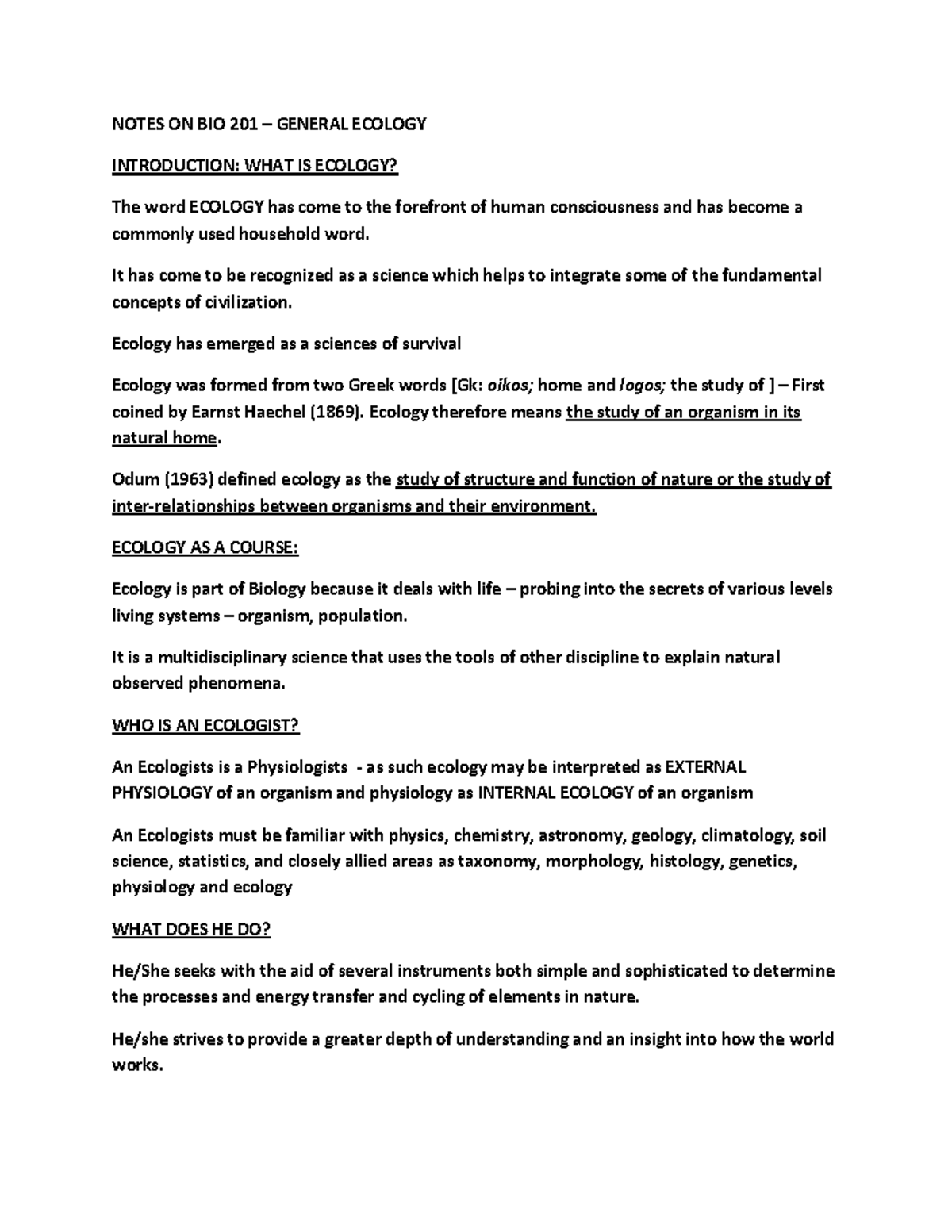 Eco Notes 1 - NOTES ON BIO 201 – GENERAL ECOLOGY INTRODUCTION: WHAT IS ...