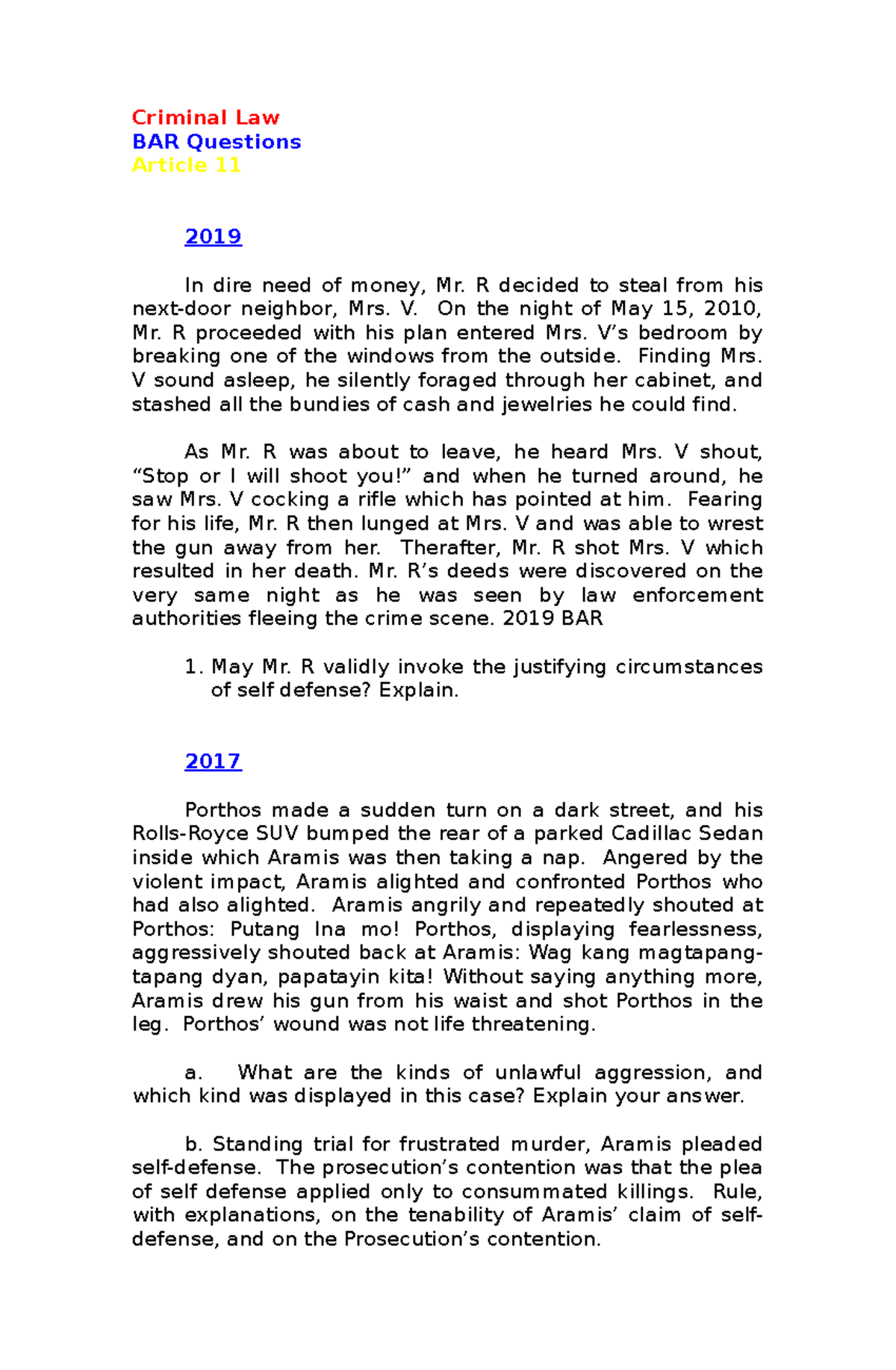 Arts 11 Criminal Law Bar Questions Criminal Law BAR Questions Article