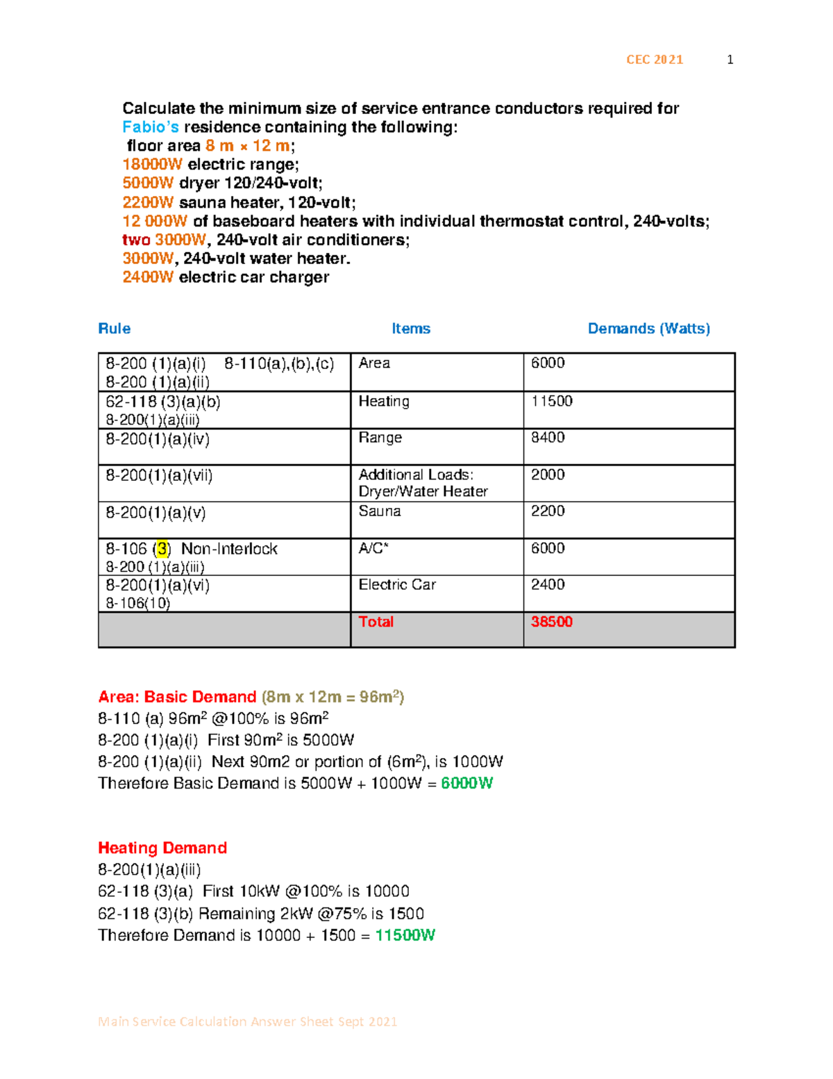 114 Main Service Calculation Answer Sheet Sept 2021 - 2400W electric ...
