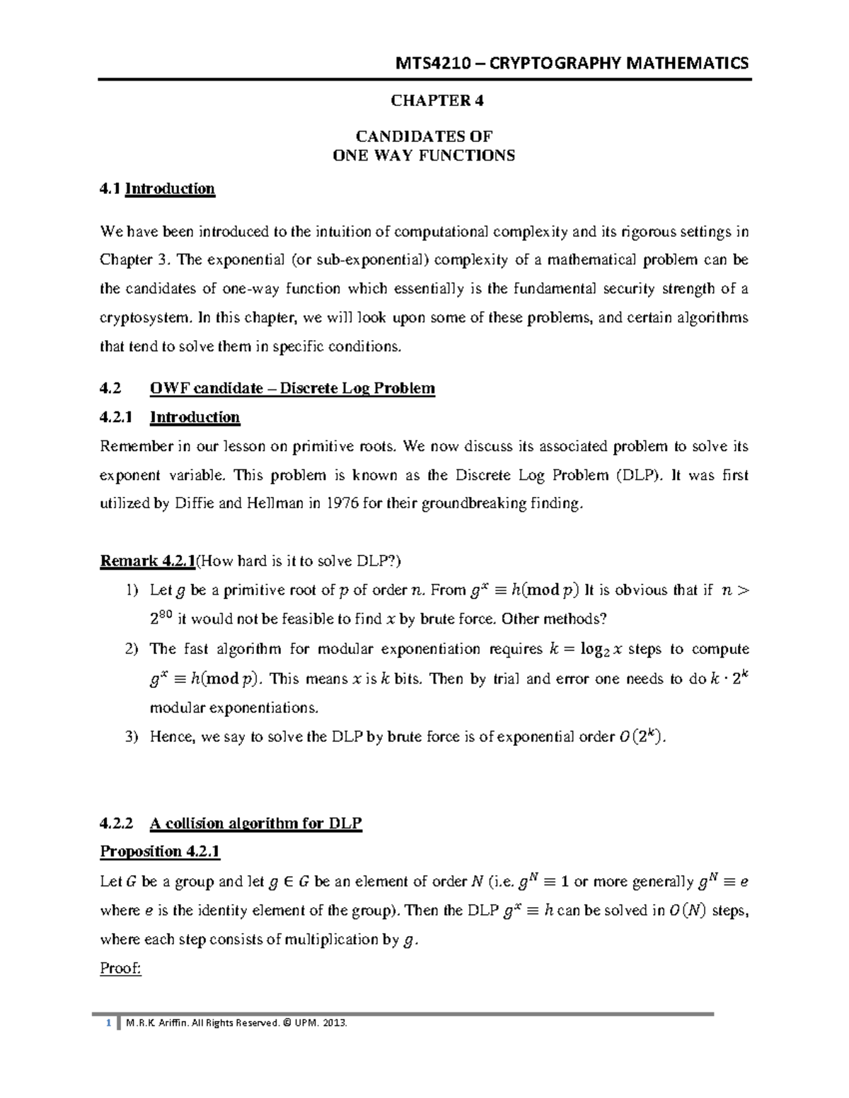 Chapter 4 - CHAPTER 4 CANDIDATES OF ONE WAY FUNCTIONS 4 Introduction We ...