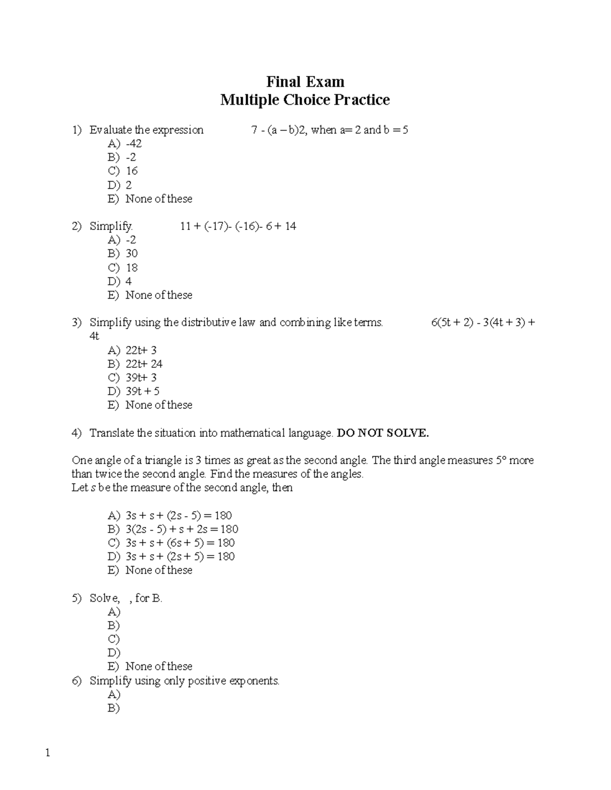 MATH 1100 Final Exam Multiple Choice Practice Exam Final Exam