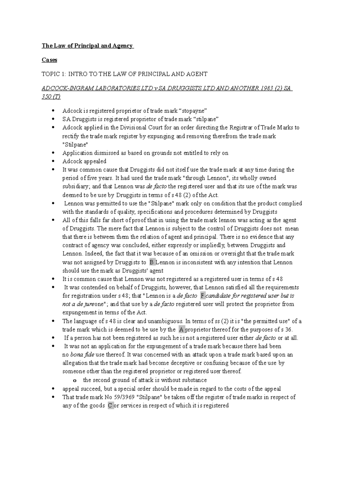 Case summaries - detailed - The Law of Principal and Agency Cases TOPIC ...