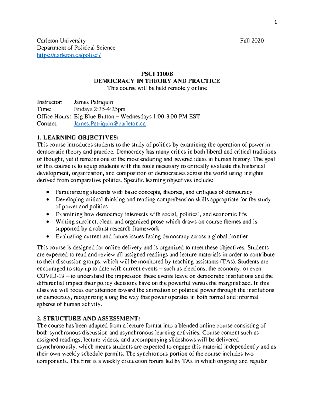 POL1100B Course Outline - Carleton University Fall 2020 Department of ...