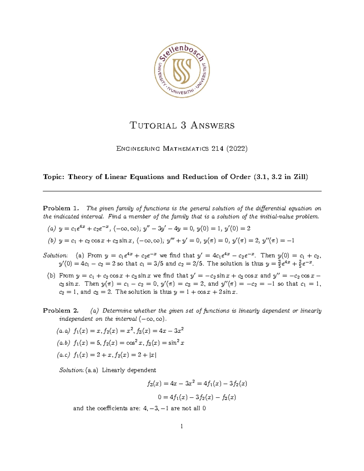 Memo 3 - Tutorial Memo for Engineering Maths 214 ( Differential Equations) - Tutorial 3 Answers ...