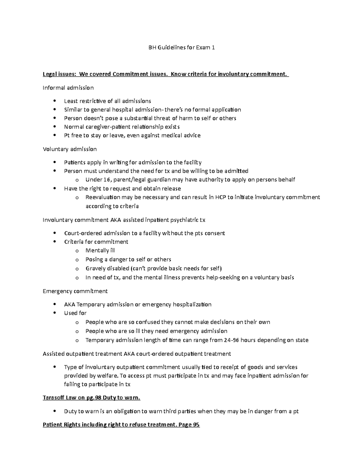 BH Guidelines for Exam 1 - Know criteria for involuntary commitment ...