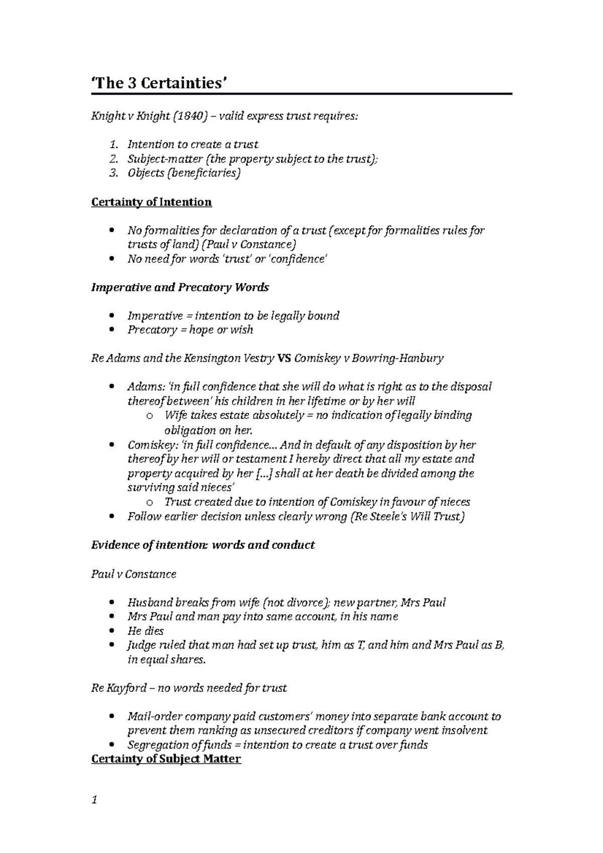 02 The Three Certainties - ‘The 3 Certainties’ Knight v Knight (1840) – valid express trust ...