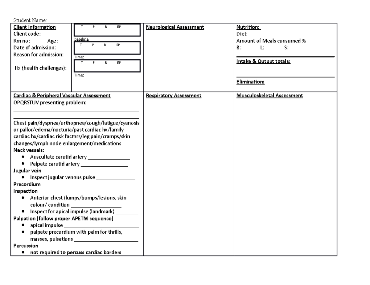 Cardiac Peripheral Vascular Worksheet 2023 - Student Name ...